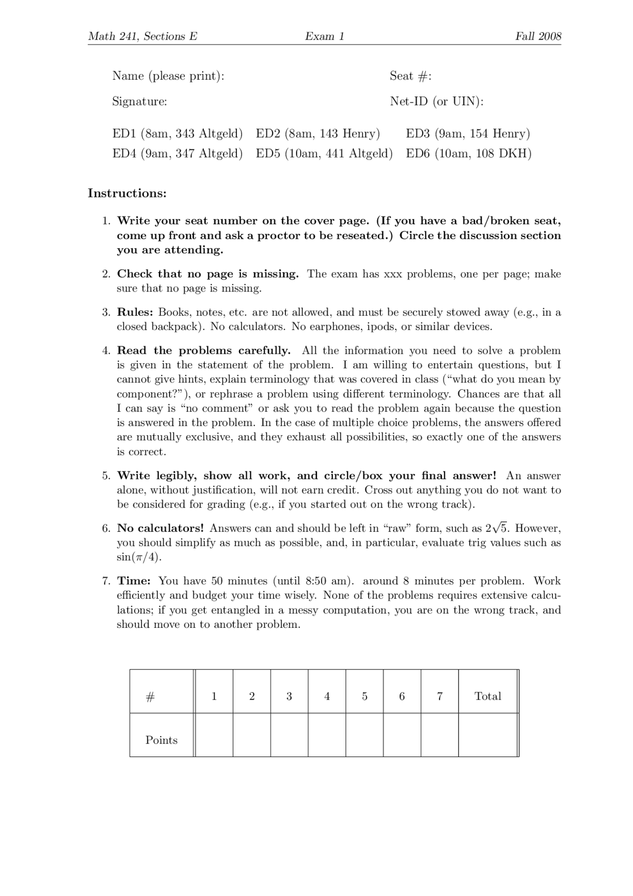 7 Problems On Calculus Iii In Exam 1 Math 241 Docsity