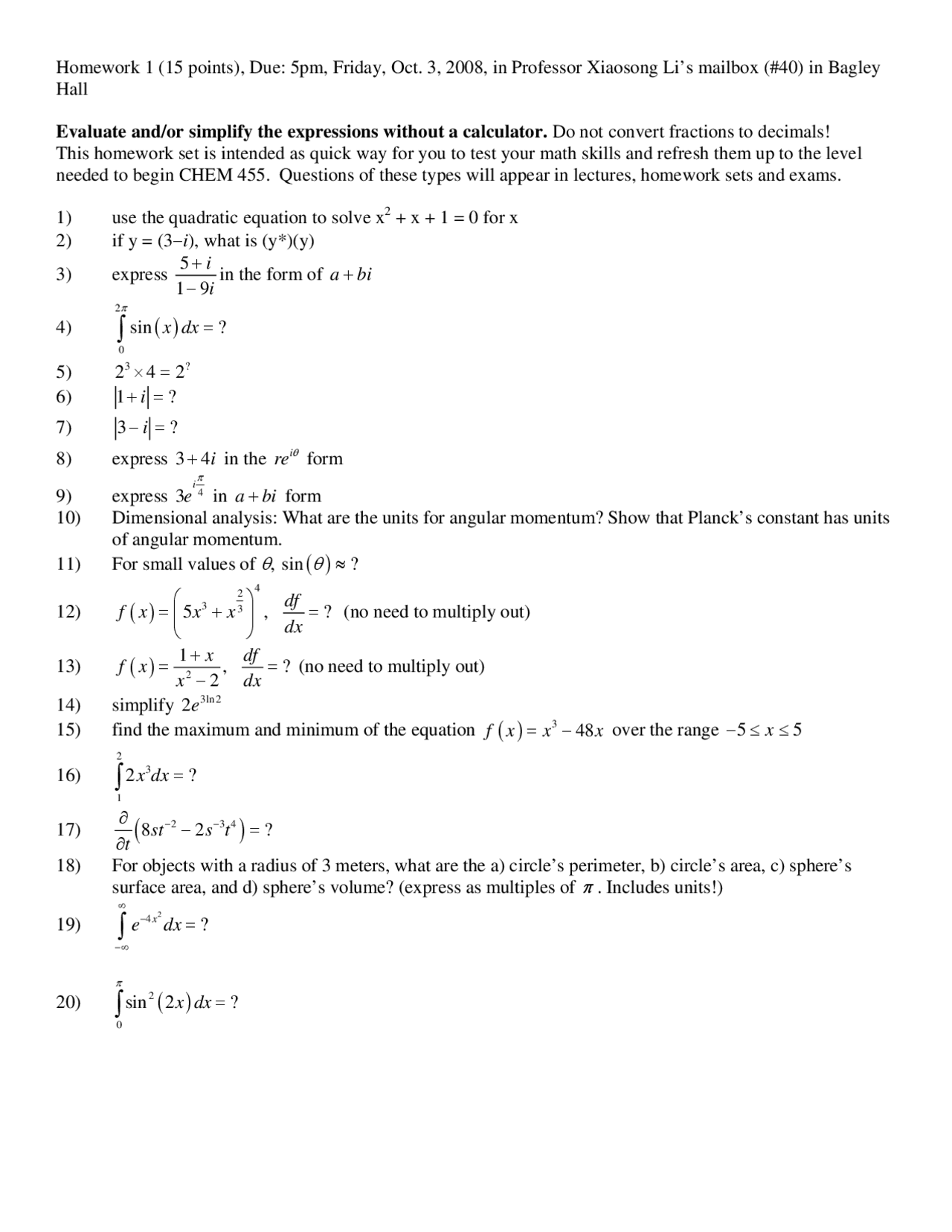 Homework 1 Practice Questions Physical Chemistry Chem 455 Docsity