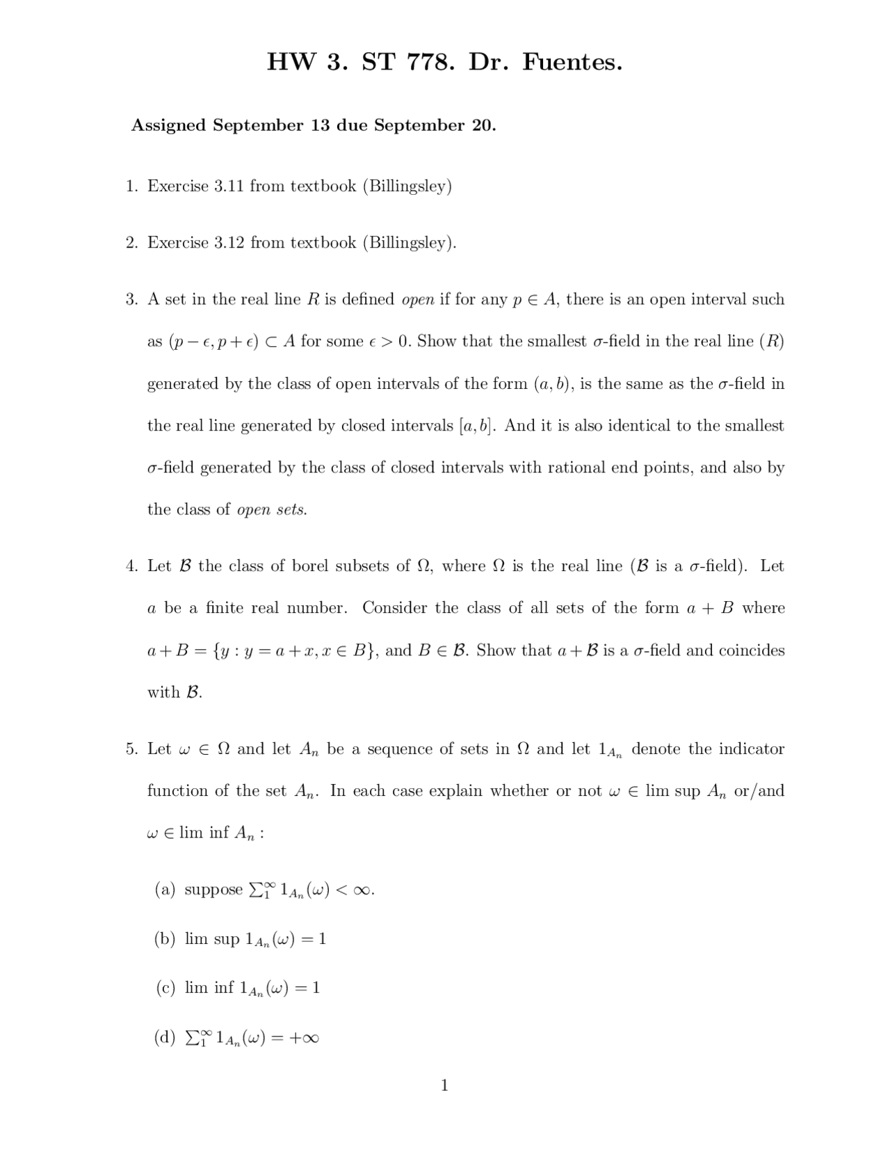Homework 3 | Measure Theory and Advanced Probability | ST 778 | Assignments Statistics | Docsity