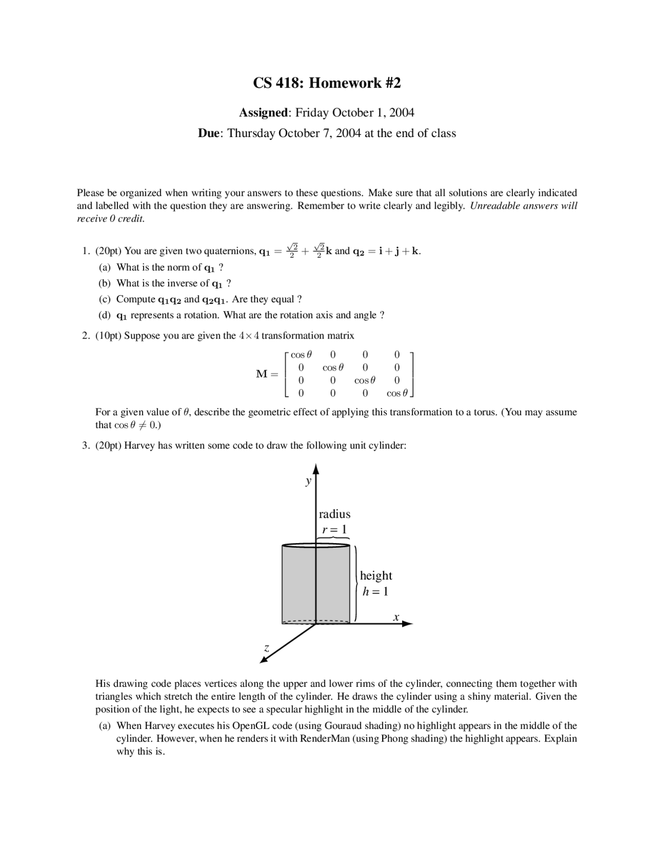 Homework 2 Questions On Interactive Computer Graphics Cs 418 Docsity