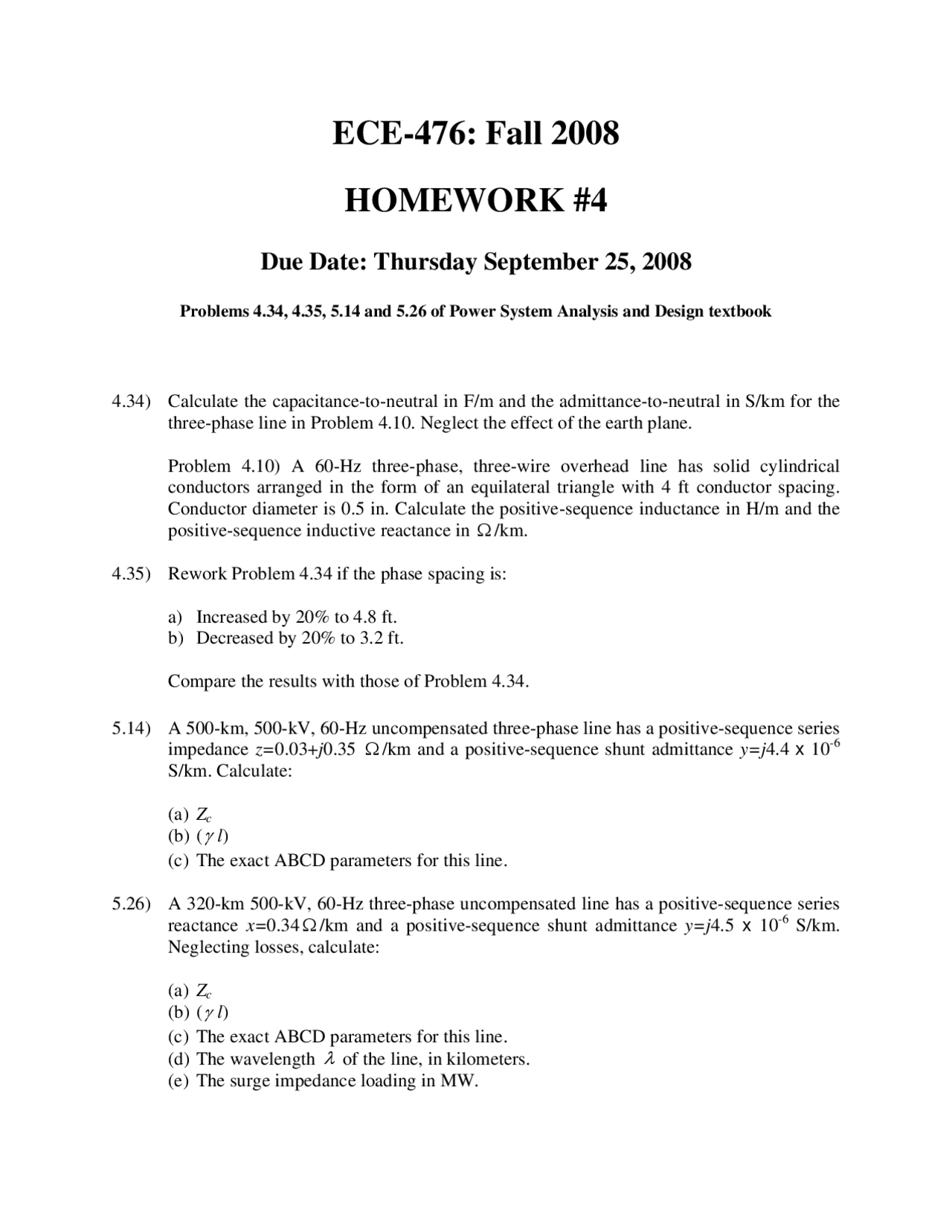 4 Problems In Assignment 4 Power System Analysis Ece 476 Docsity