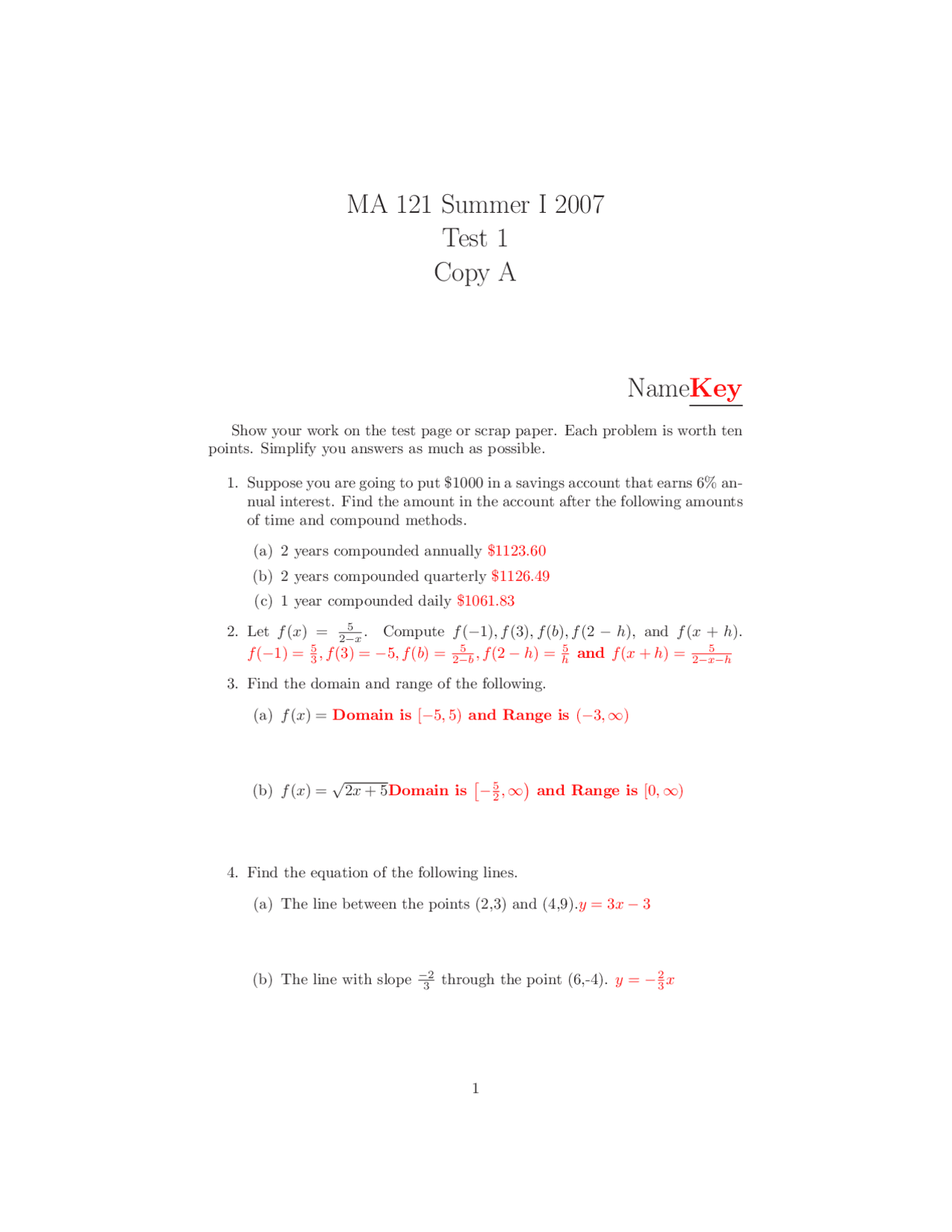 8 Questions For Exam 1 Elements Of Calculus Ma 121 Docsity