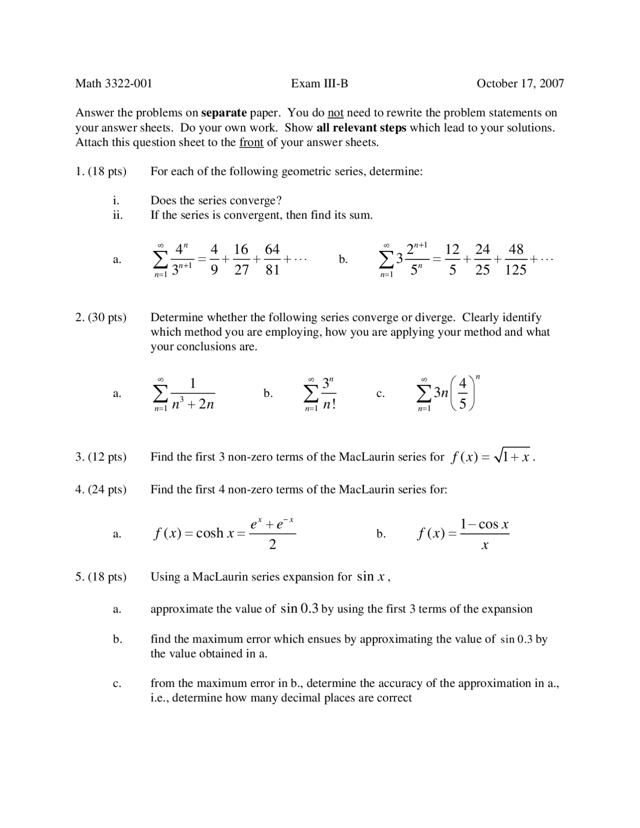 Higher Mathematics for Engineering Technology - Exam 3B Questions | MATH 3322 | Exams ...
