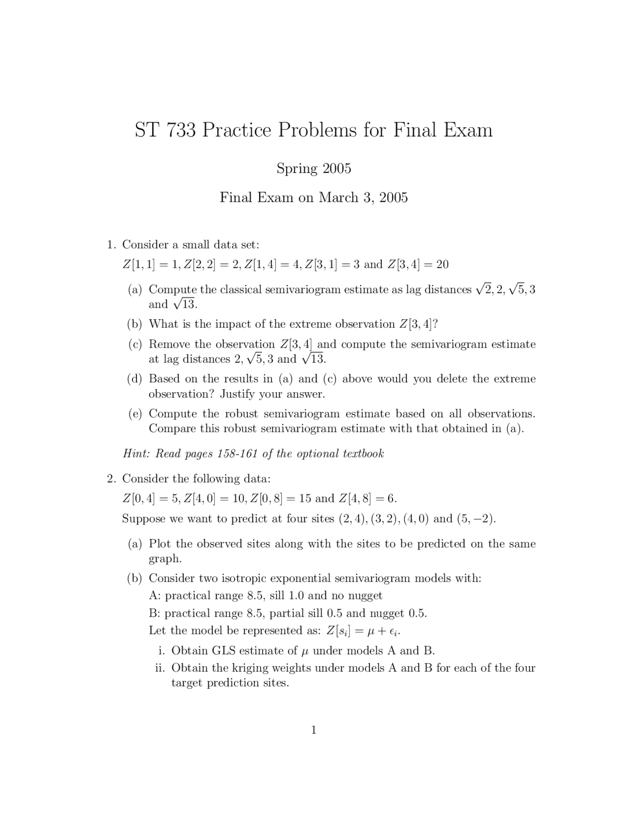 9 Practice Problems On Applied Spatial Statistics Final Examination