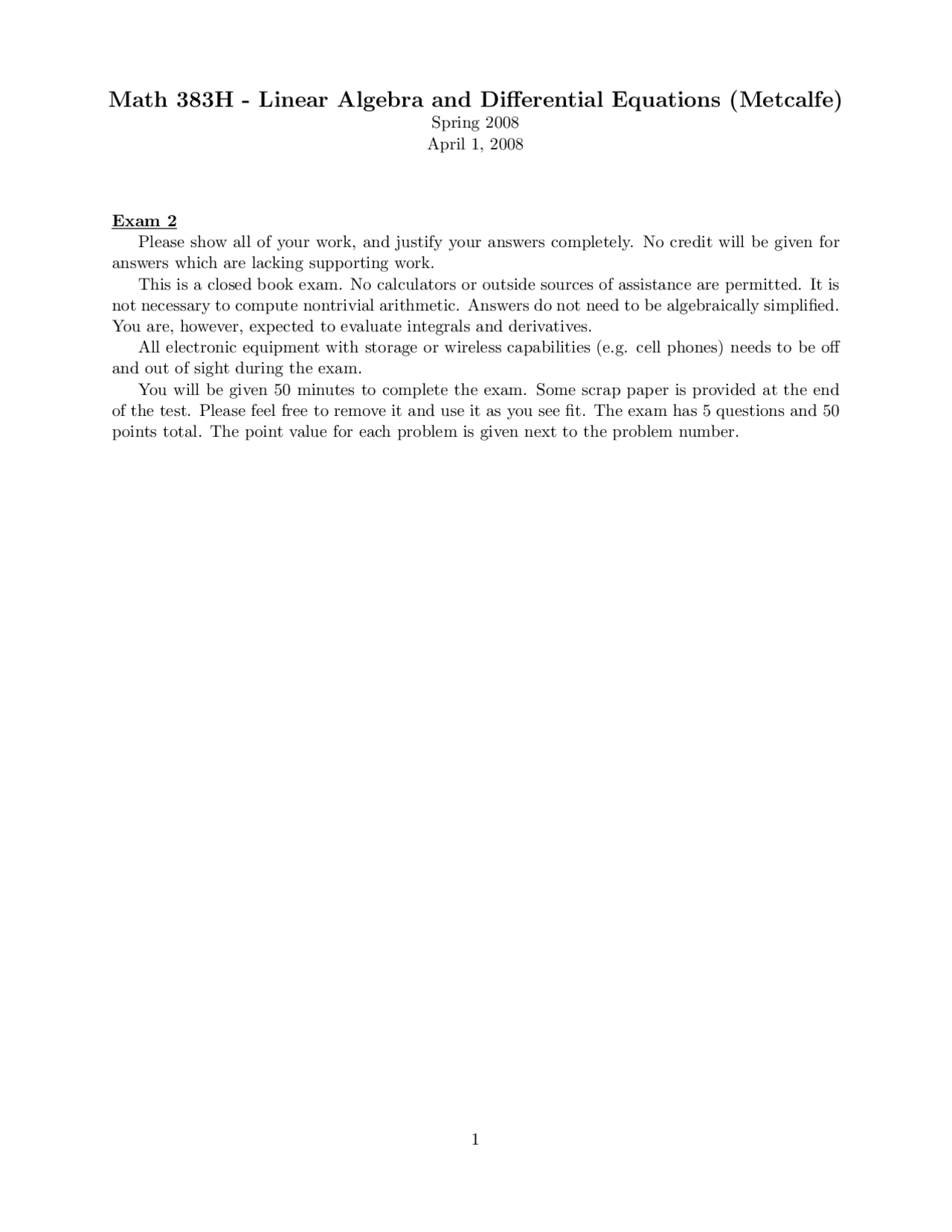 Exam 2 Practice Linear Algebra And Differential Equations Math 383