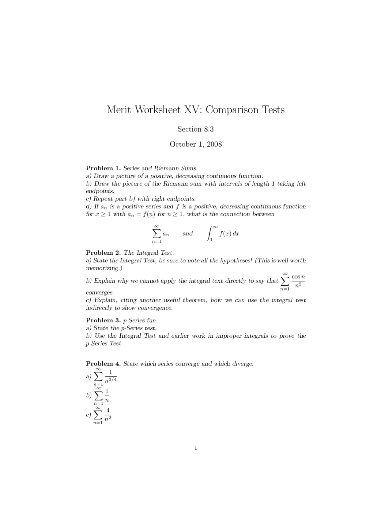 11 Problems On Comparison Tests In Calculus Ii Math 231 Docsity