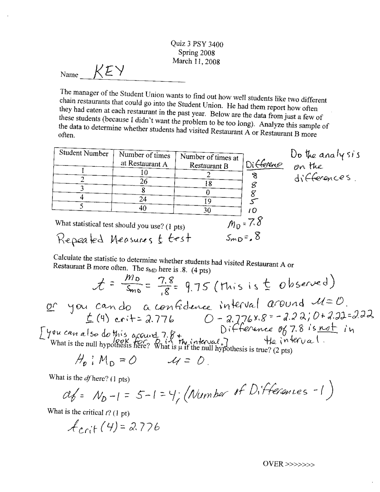 Calculate Statistic Quiz 3 With Answer Key Statistical Methods