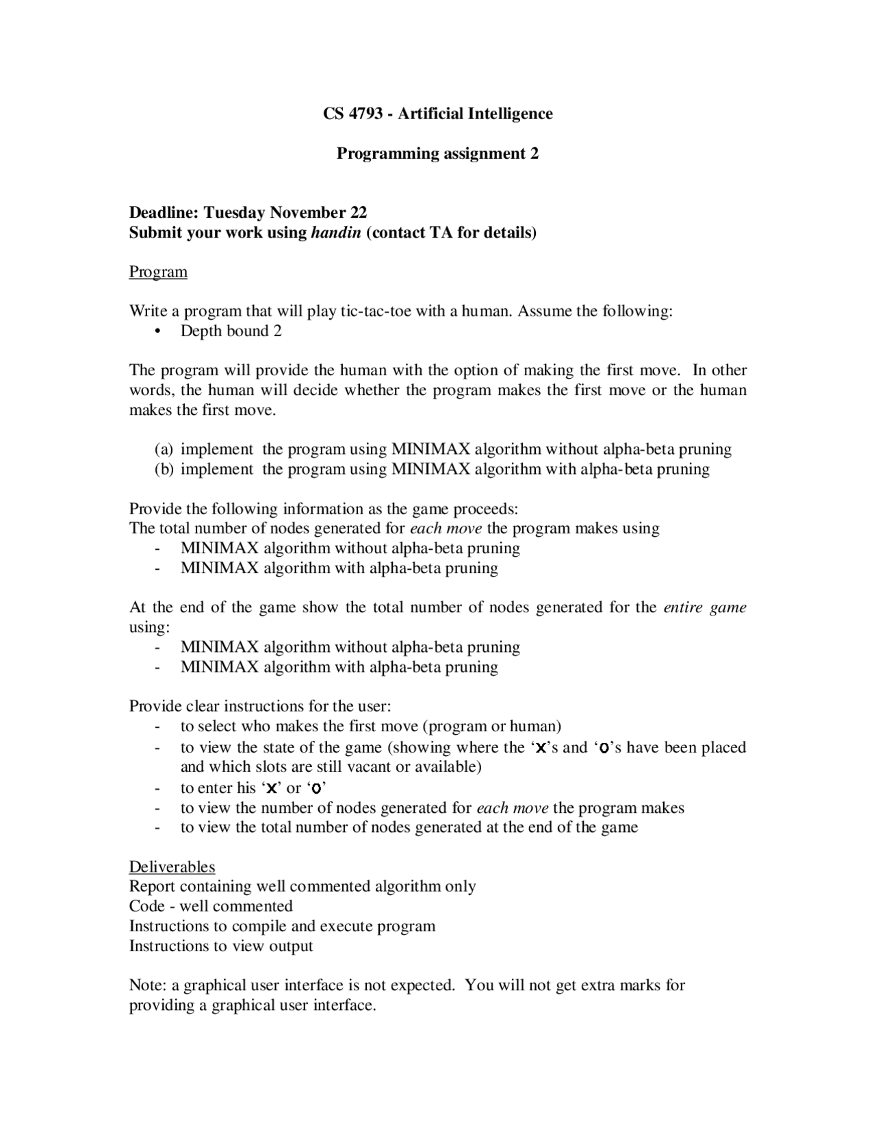 Programming Assignment 2 Artificial Intelligence Cs 4793 Docsity