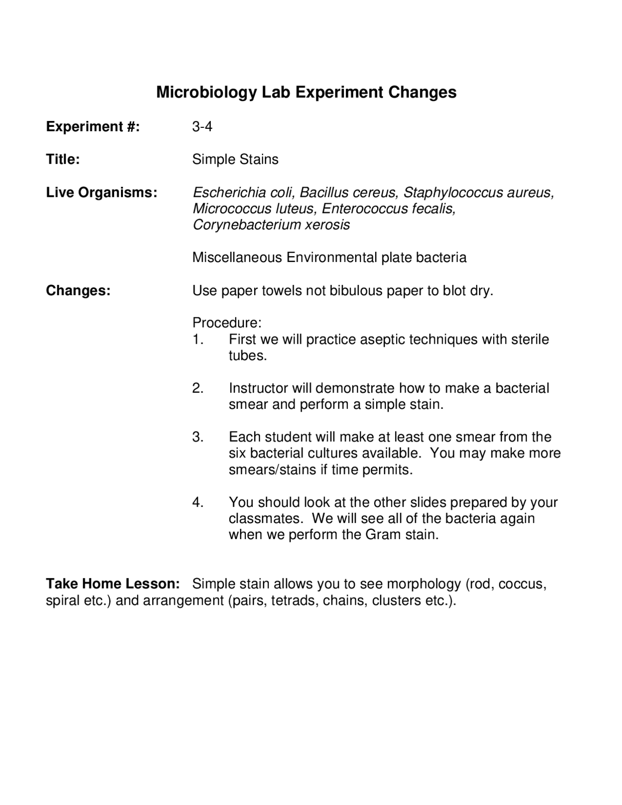 Simple Stains | Microbiology Lab Experiment Changes | BI 203 - Docsity