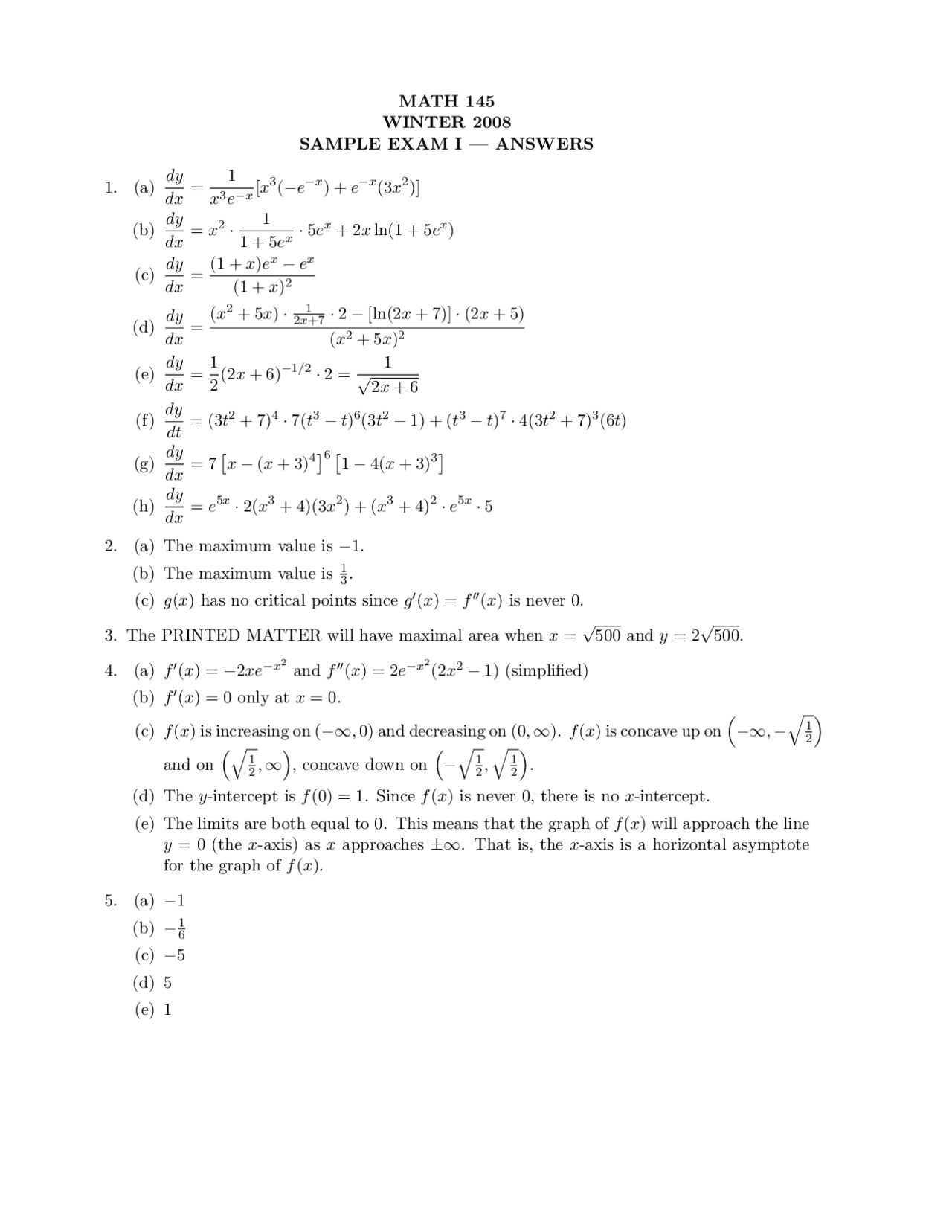 Solved Sample Exam 1 For Life Science Calculus Math 145 Docsity
