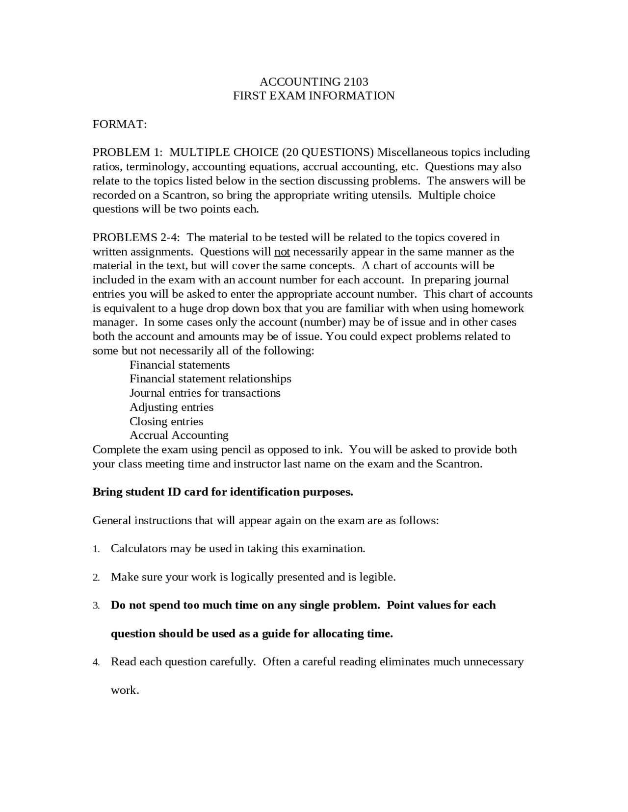 First Exam Information Financial Accounting Acct 2103 Docsity