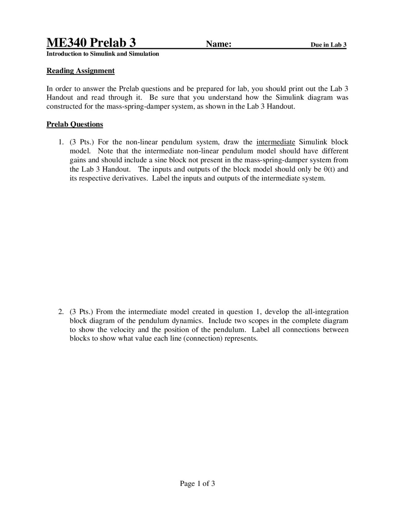 Introduction To Simulink And Simulation Lab 3 Me 340 Docsity