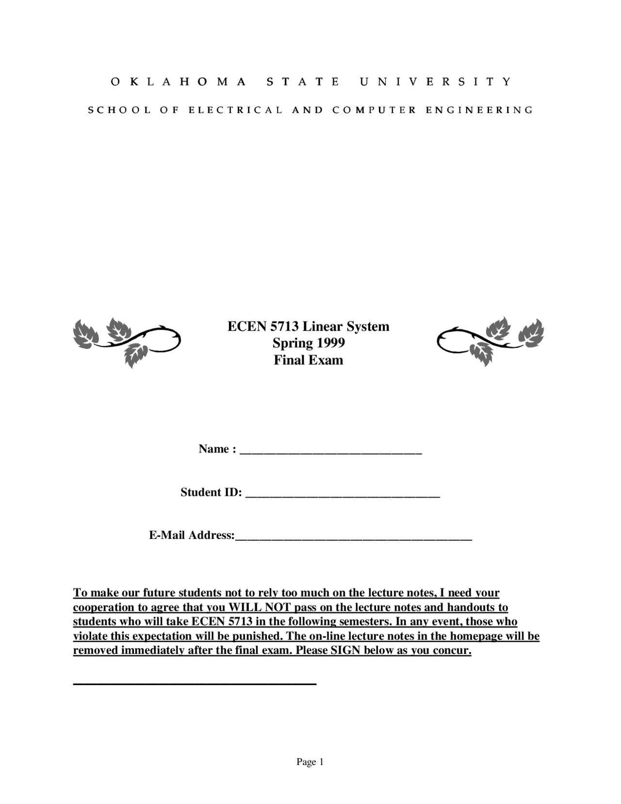 5 Problems For Final Exam Linear Systems Ecen 5713 Docsity