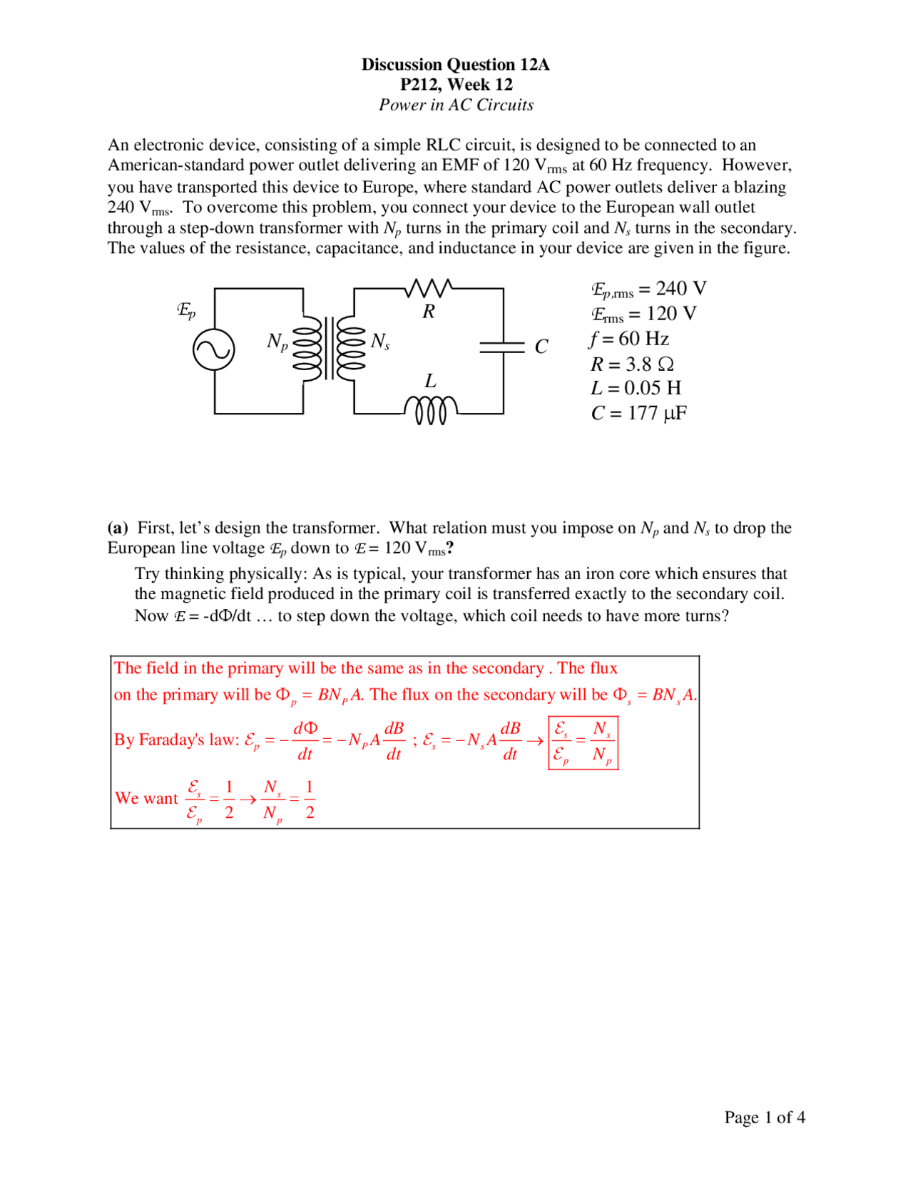 Power in AC Circuits - Discussion Questions 12A | PHYS 212 - Docsity