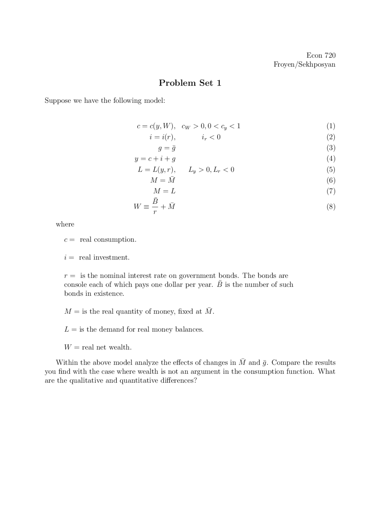 Problem Set 1 Advanced Macroeconomic Theory I Econ 720 Docsity