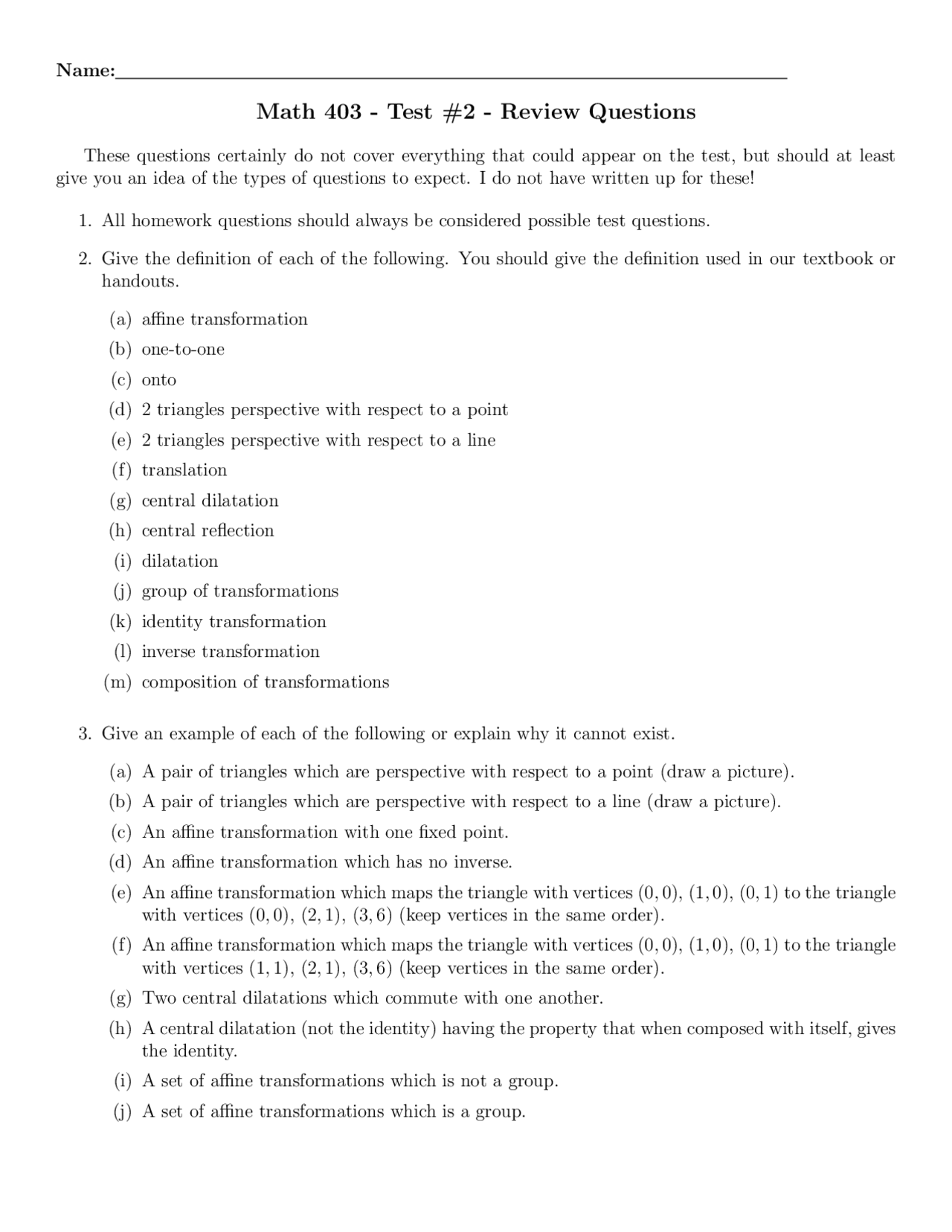 10 Questions On Euclidean Geometry Exam Math 403 Docsity