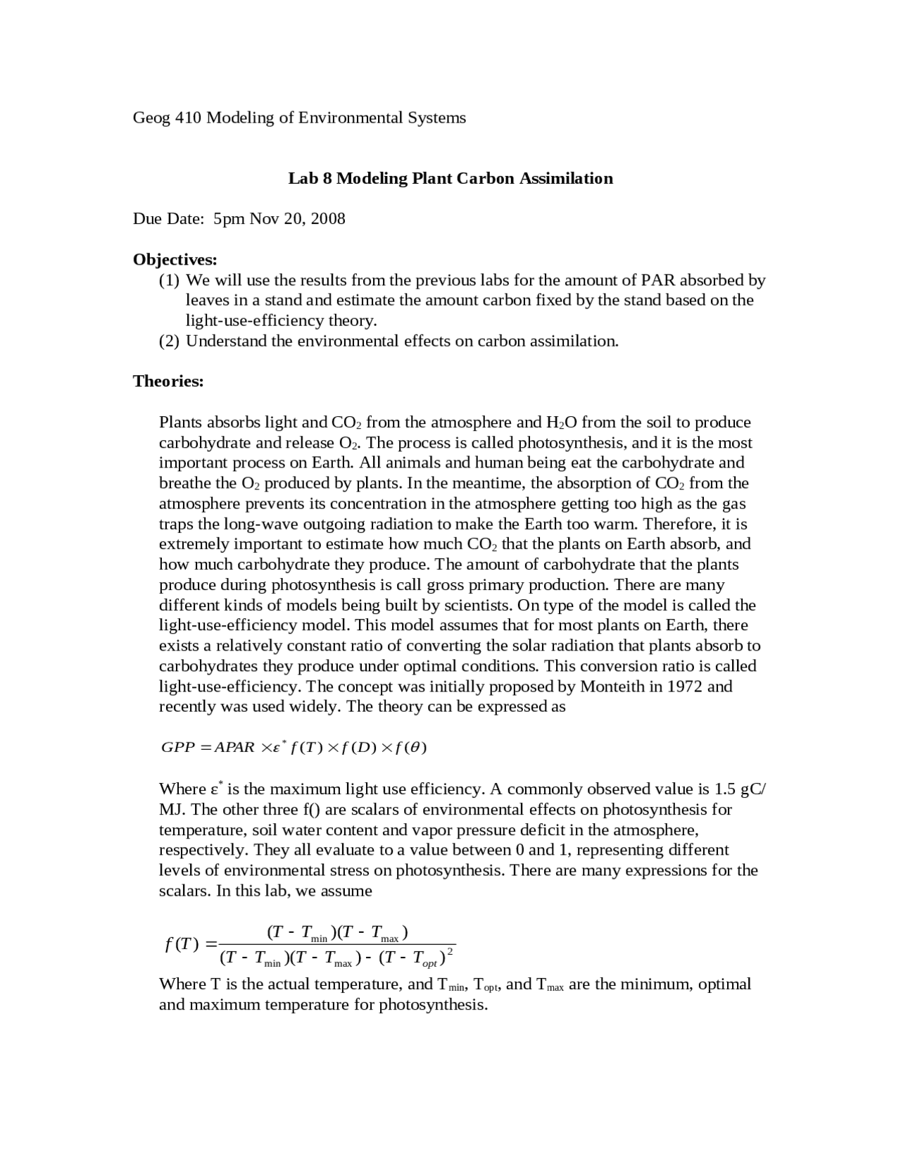 Lab 8: Modeling Plant Carbon Assimilation | GEOG 410 - Docsity