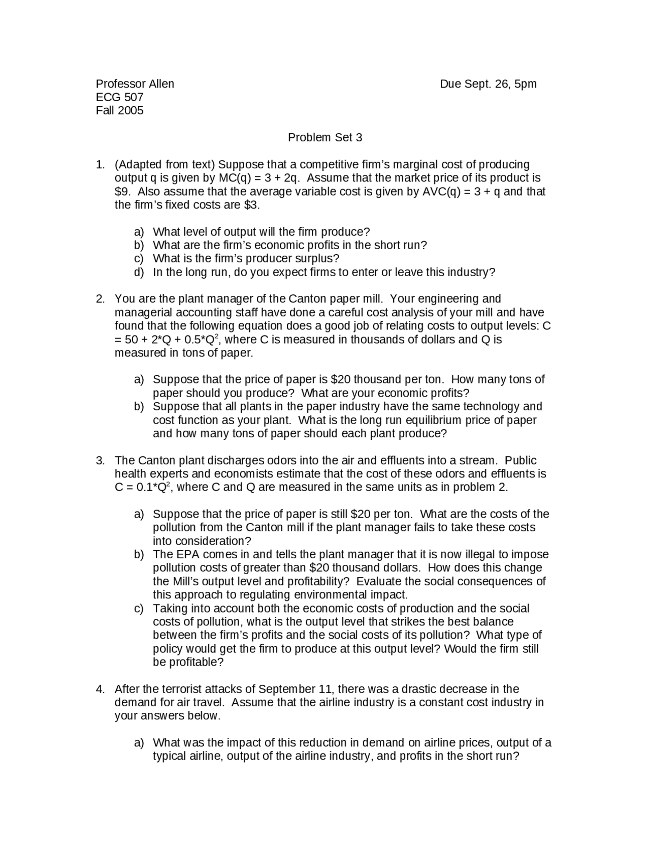 Problem Set 3 Economics For Managers Ecg 507 Docsity