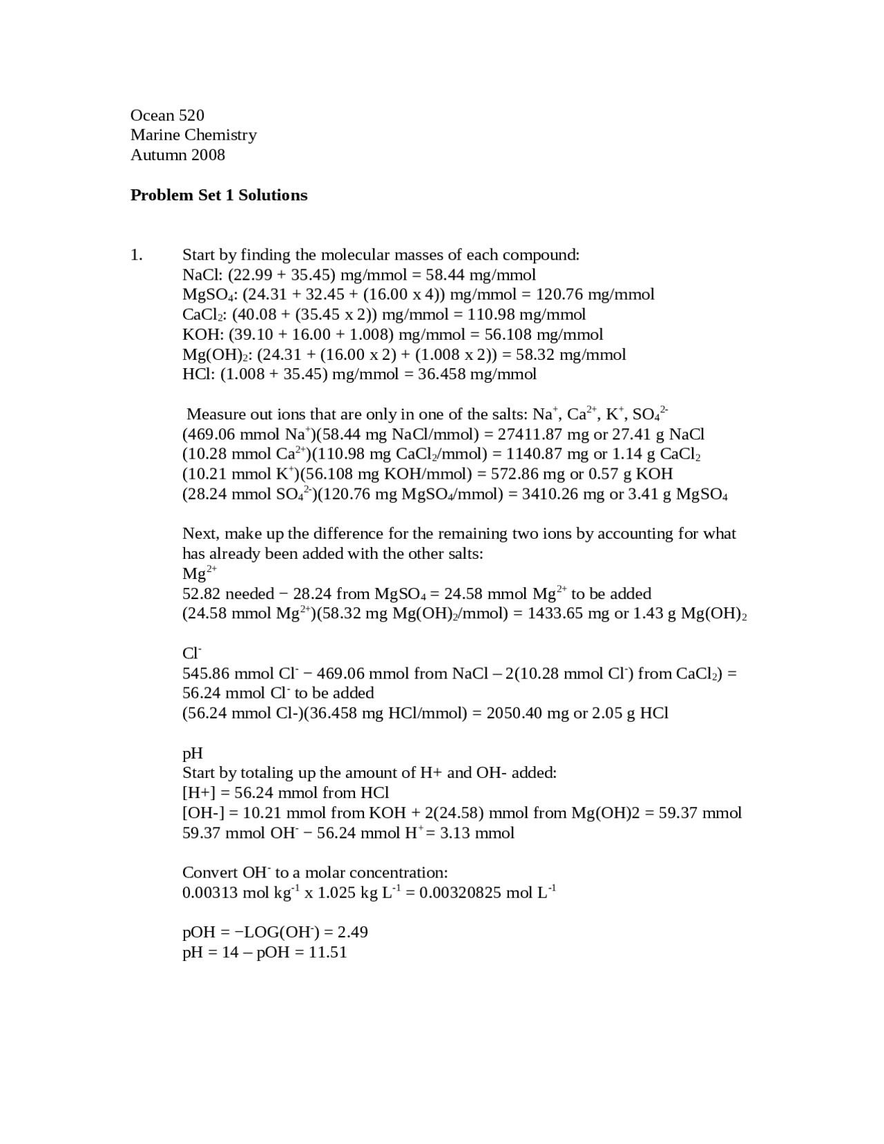 Problem Set 1 with Solutions - Marine Chemistry | OCEAN 520 - Docsity