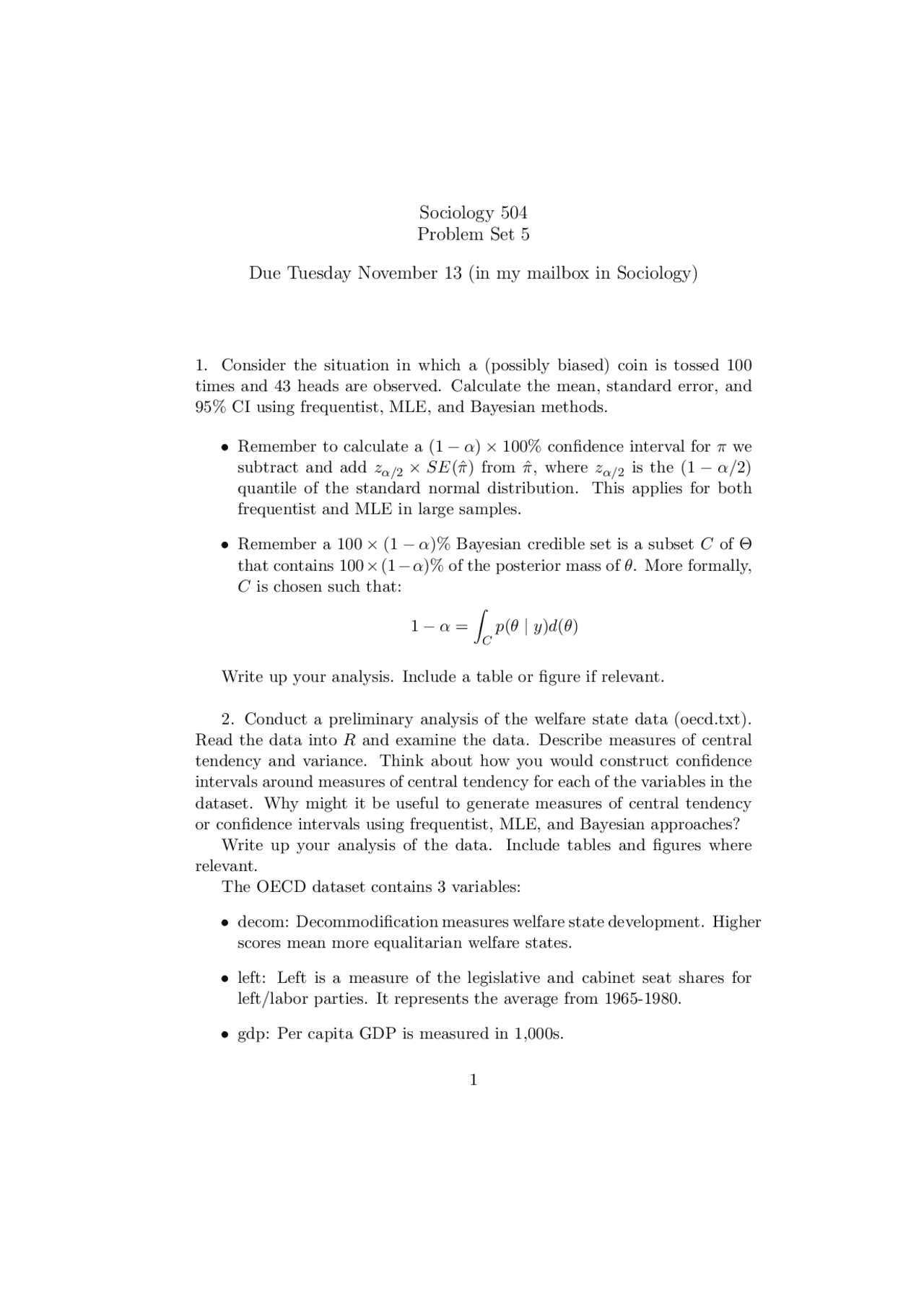 Problems For Assignment 5 Social Statistics Soc 504 Docsity