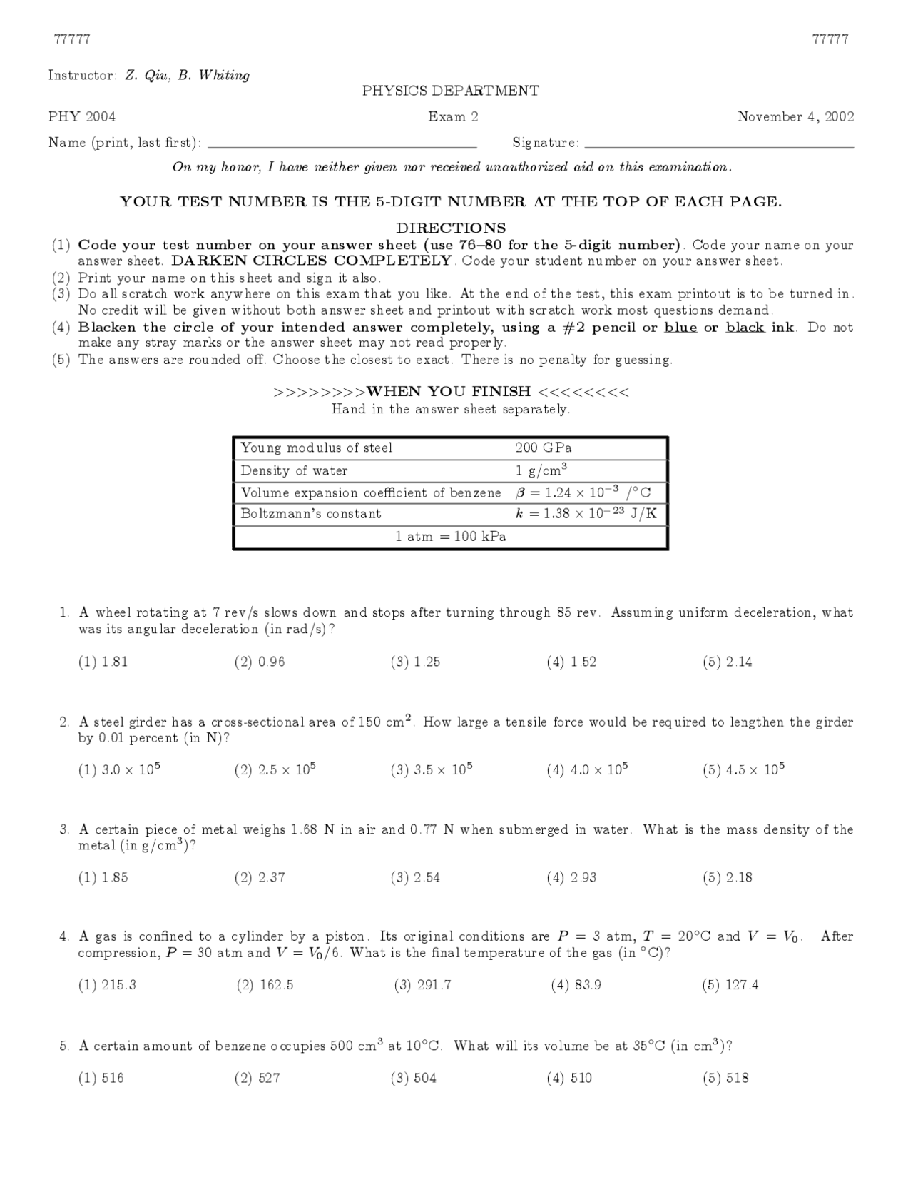 11 Mcqs For Test Ii Fall 2002 Applied Physics Phy 2004 Docsity