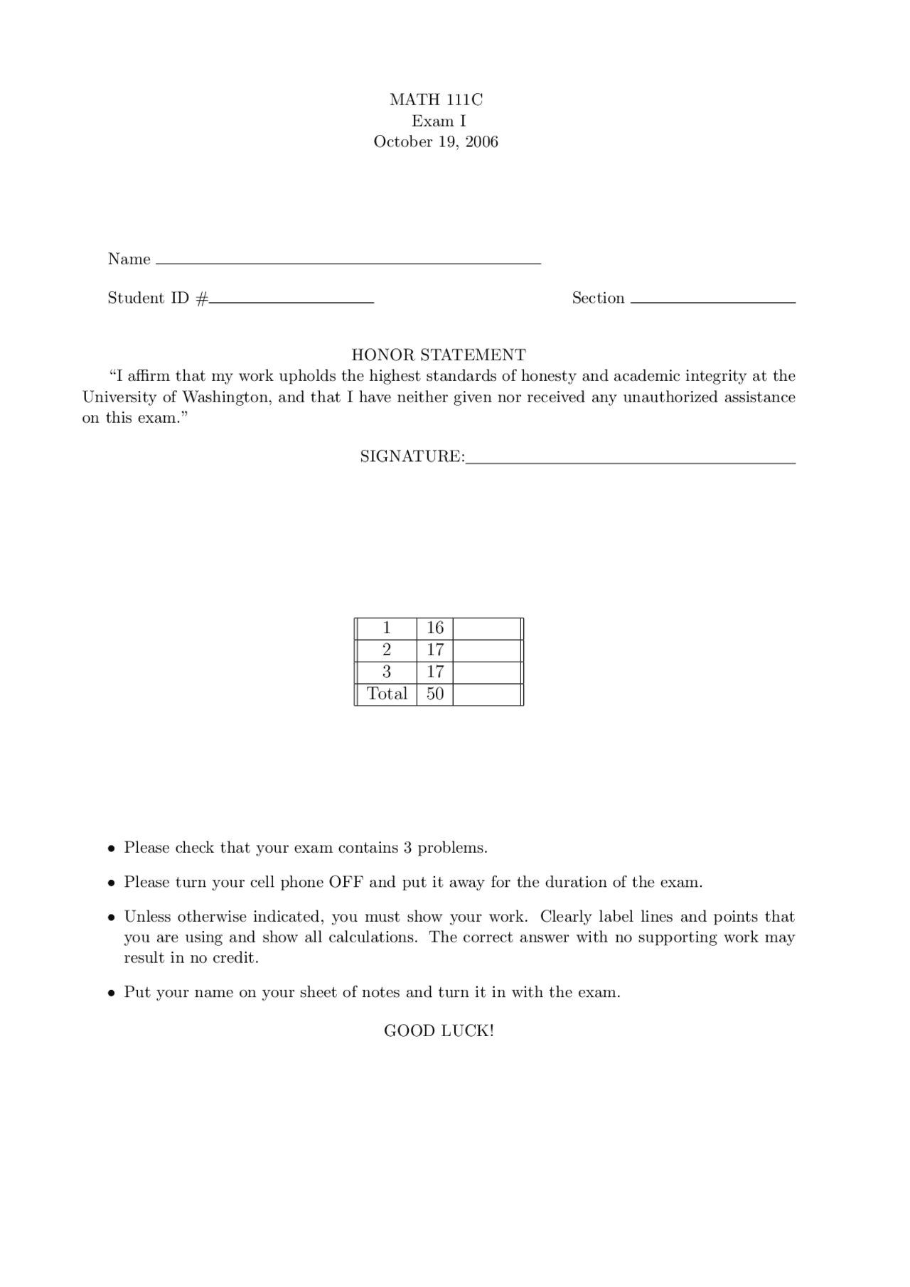 Math 111C Exam I - Autumn 06 - Prof. Alexandra Nichifor | Exams ...