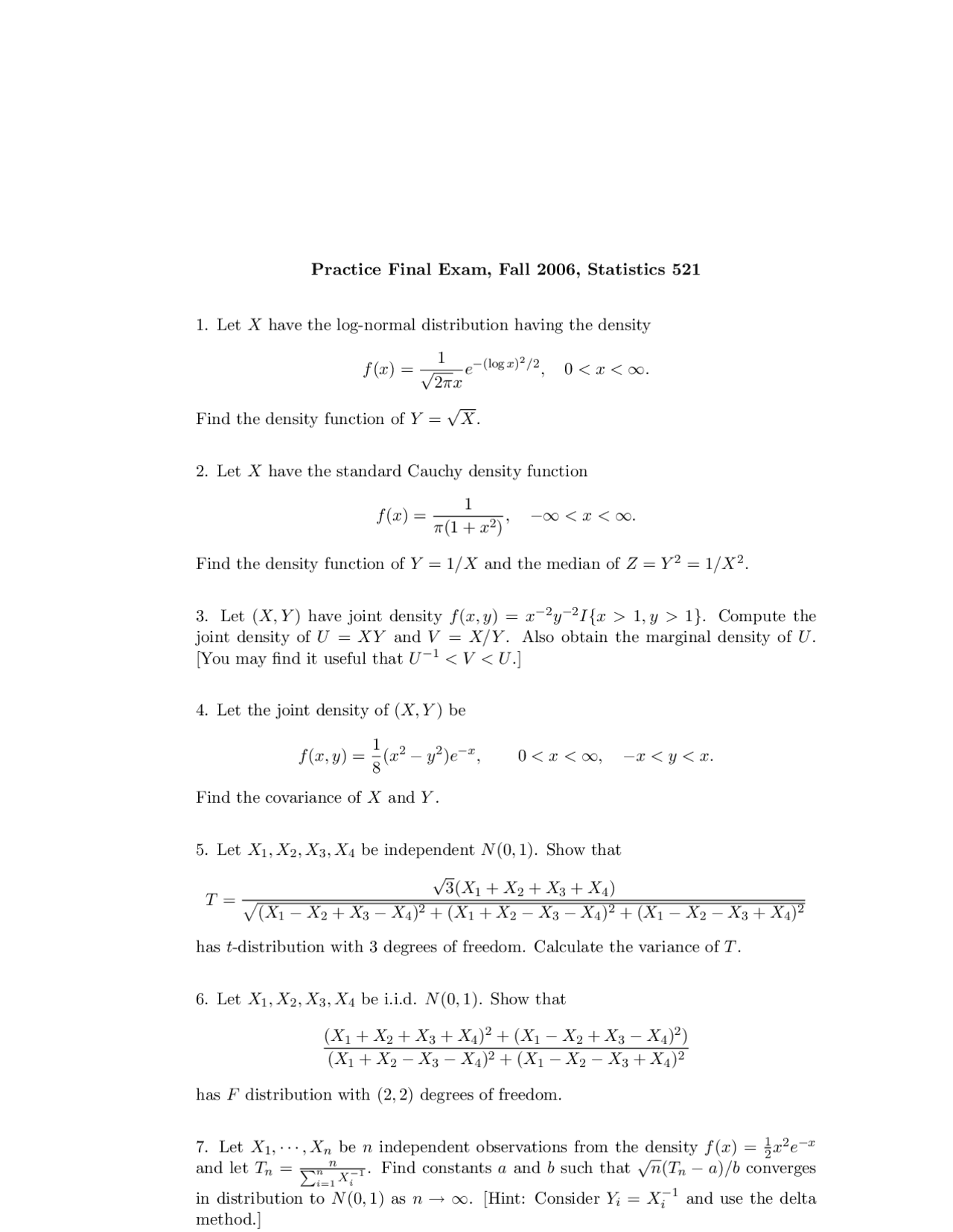 Practice Questions For Final Exam Statistical Theory I St 521 Docsity