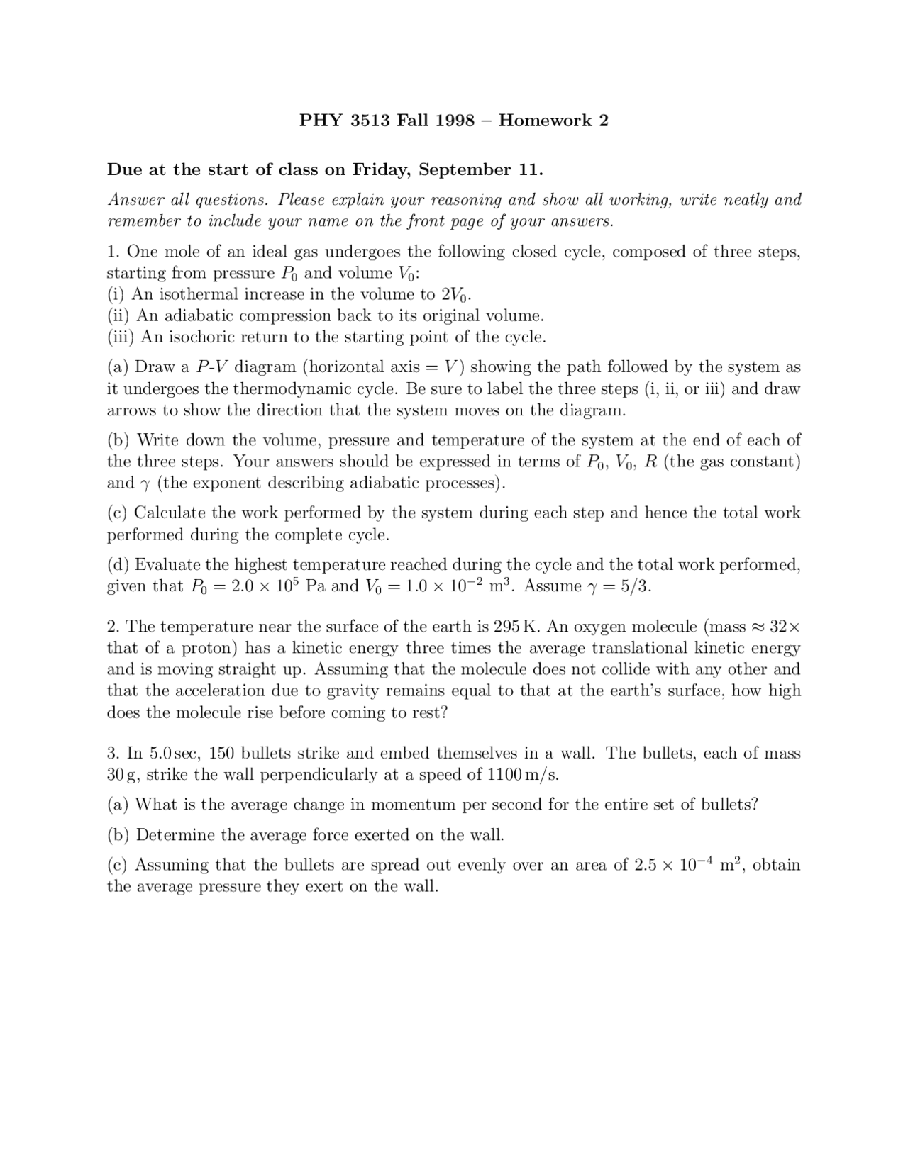 Practice Homework 2 Thermal Physics Fall 1998 Phy 3513 Docsity