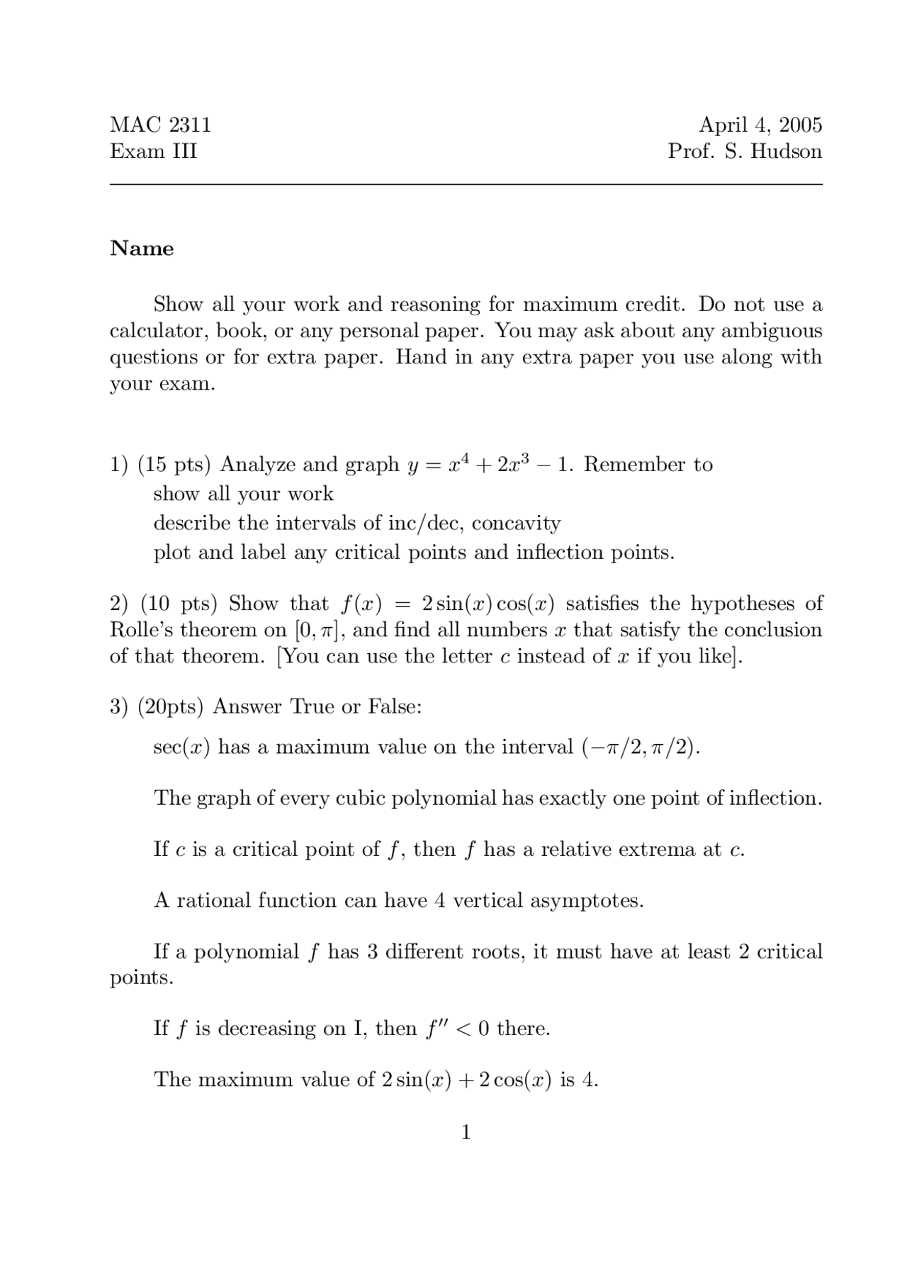 Exam 3 With Solution Calculus I 2005 Mac 2311 Docsity