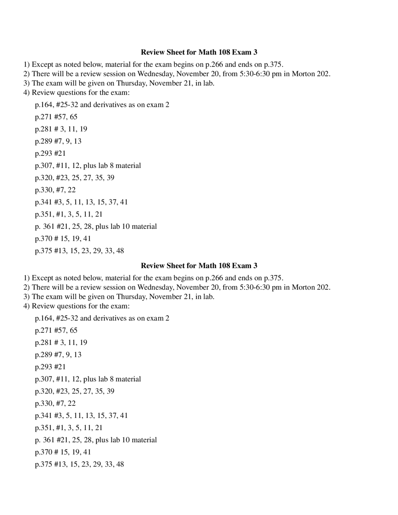 Review Sheet For Exam 3 Calculus Conceptapplications Math 108