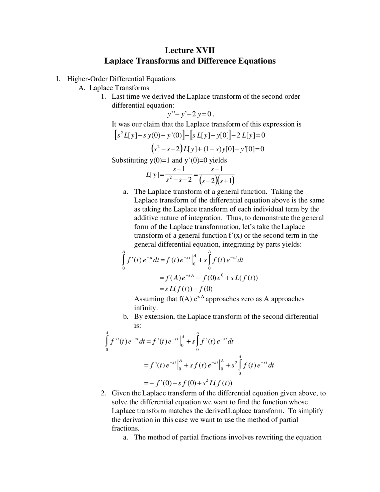 Laplace Transforms And Difference Equations Lecture Notes Aeb 6533