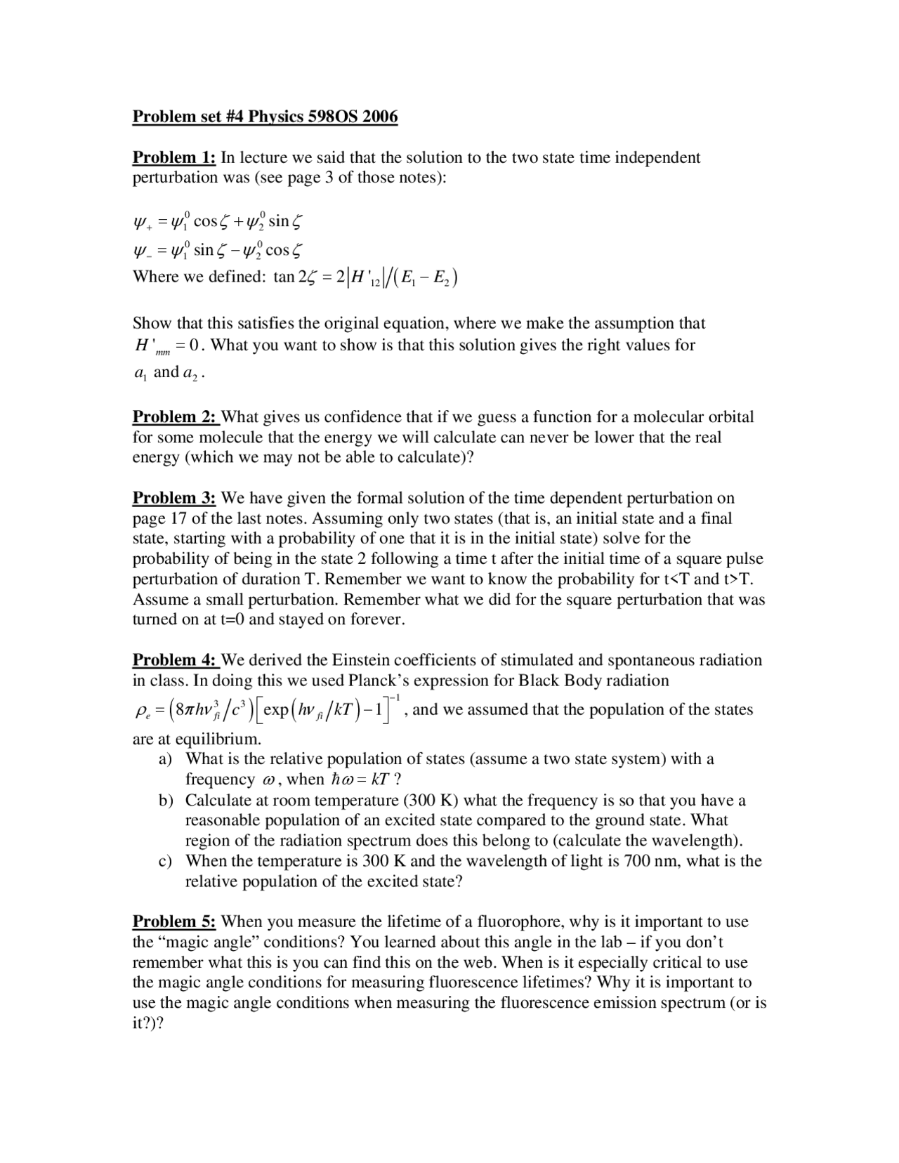 7 Problems On Einstein Coefficients Assignment 4 Phys 598