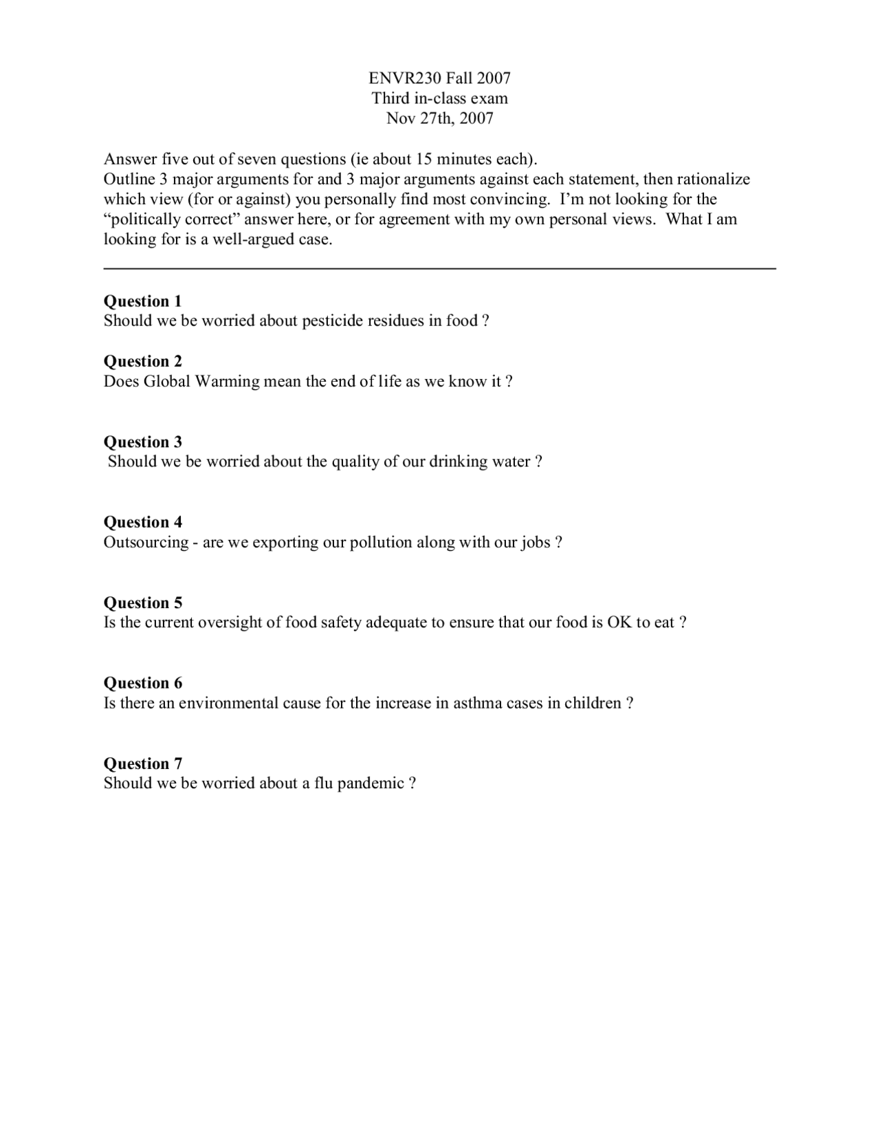 Exam 3 Questions for Solution - Environmental Health Issues | ENVR 230 ...