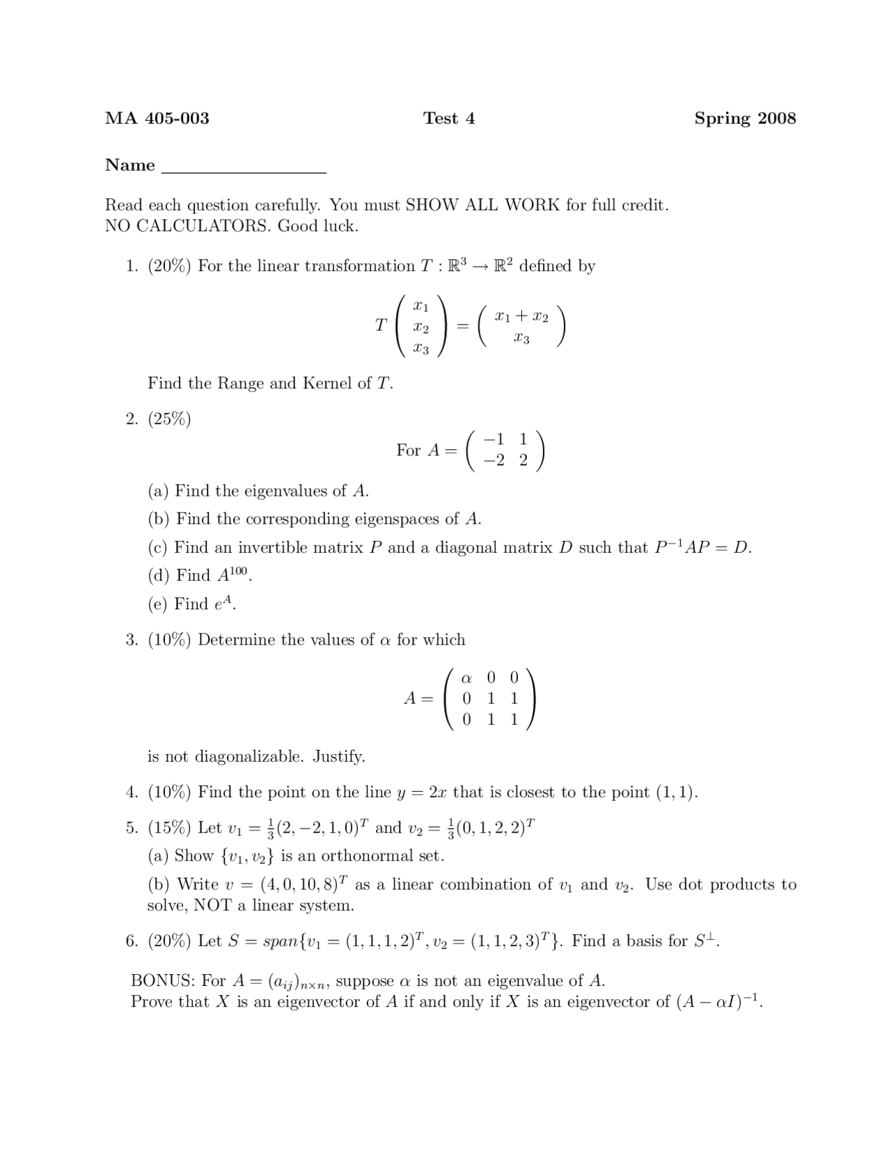 Practice Exam 4 Introduction To Linear Algebra Ma 405 Docsity