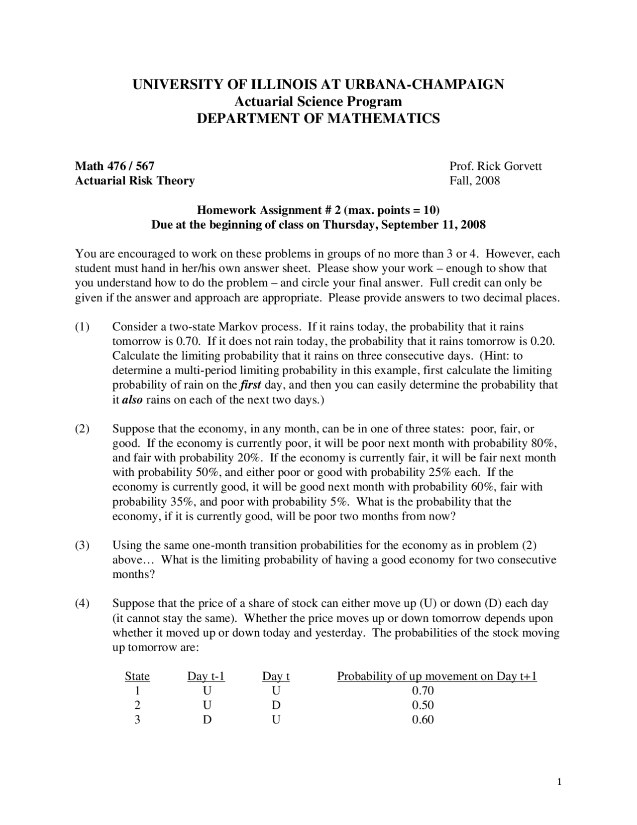 Assignment Actuarial Risk Theory Math 476 Docsity