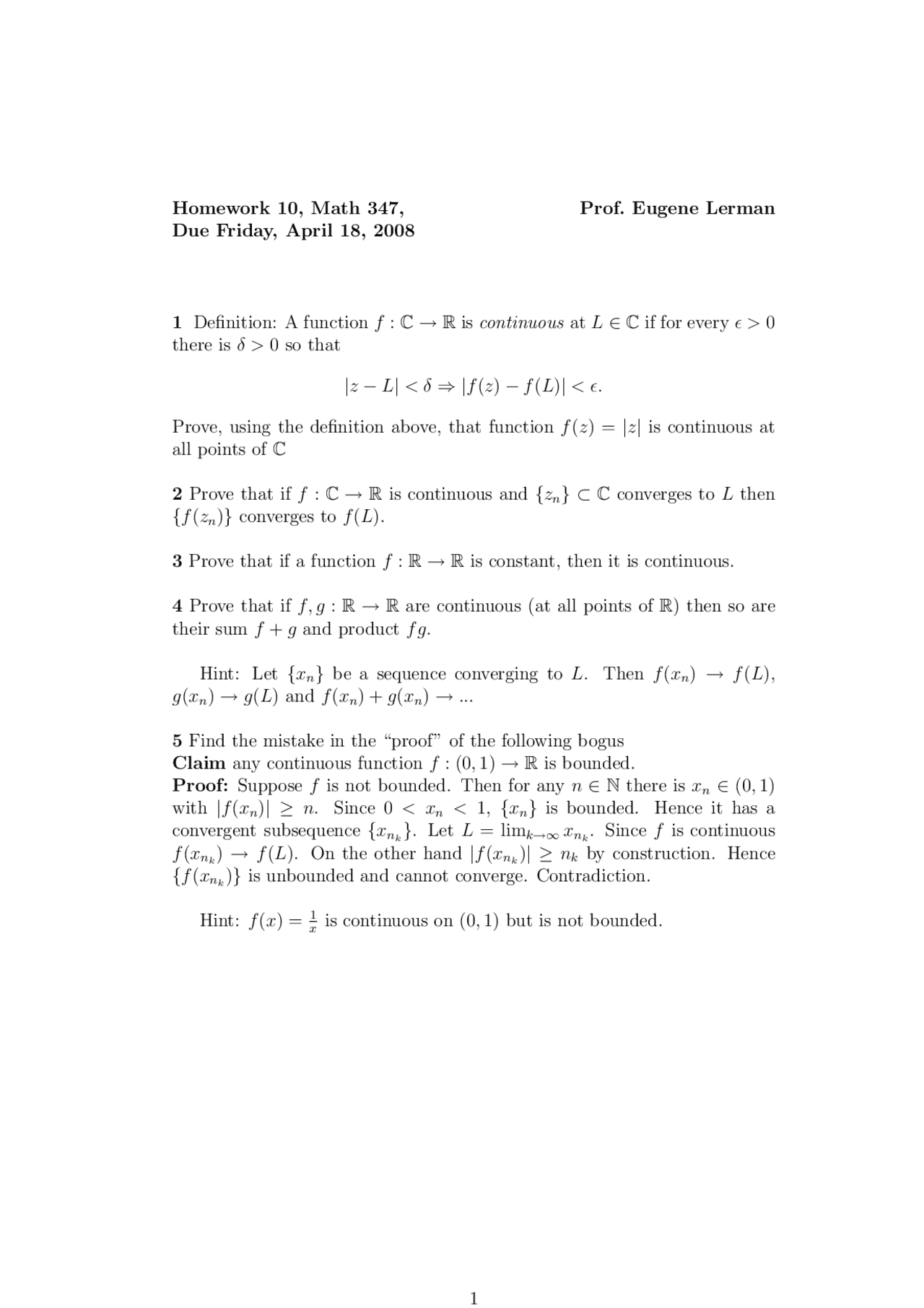 Questions On Fundamental Mathematics For Assignment 10 Math 347 Docsity