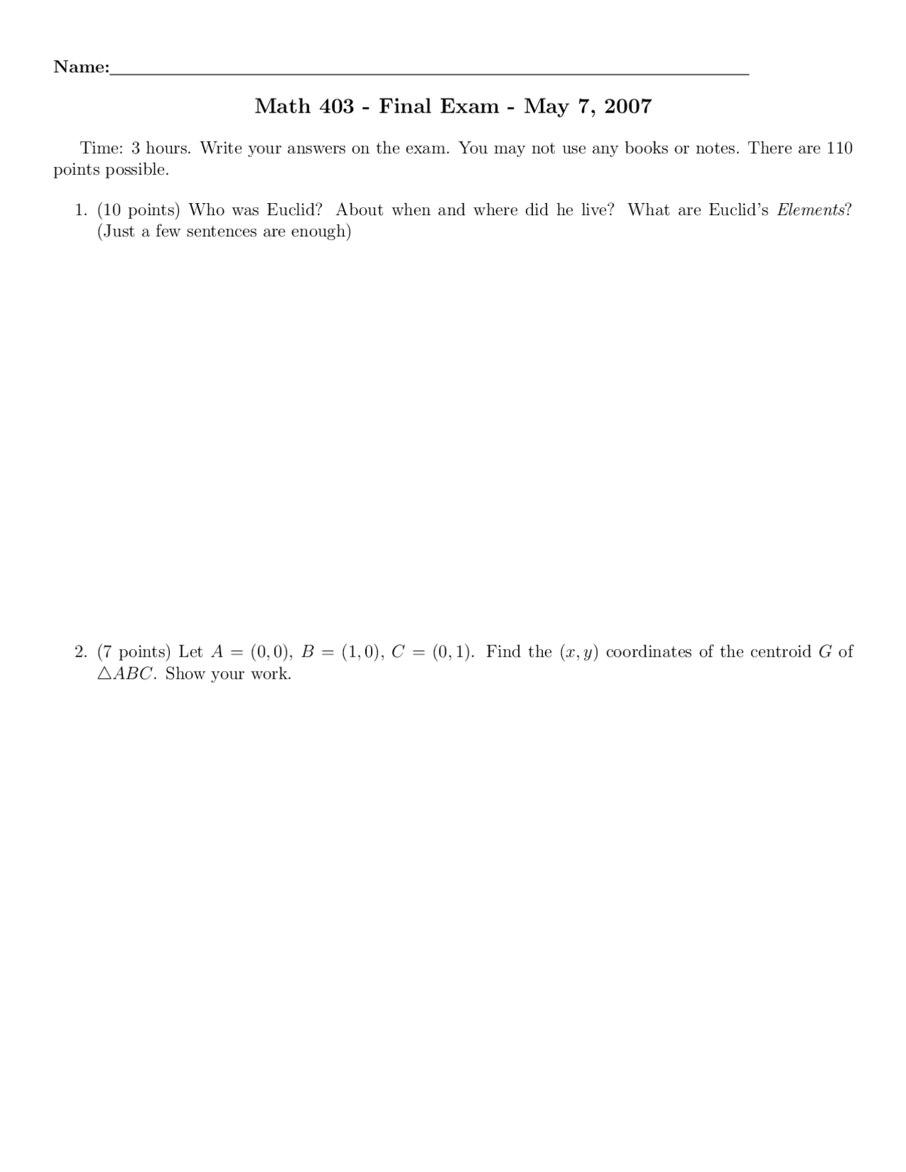 11 Questions On Euclidean Geometry Exam Math 403 Docsity