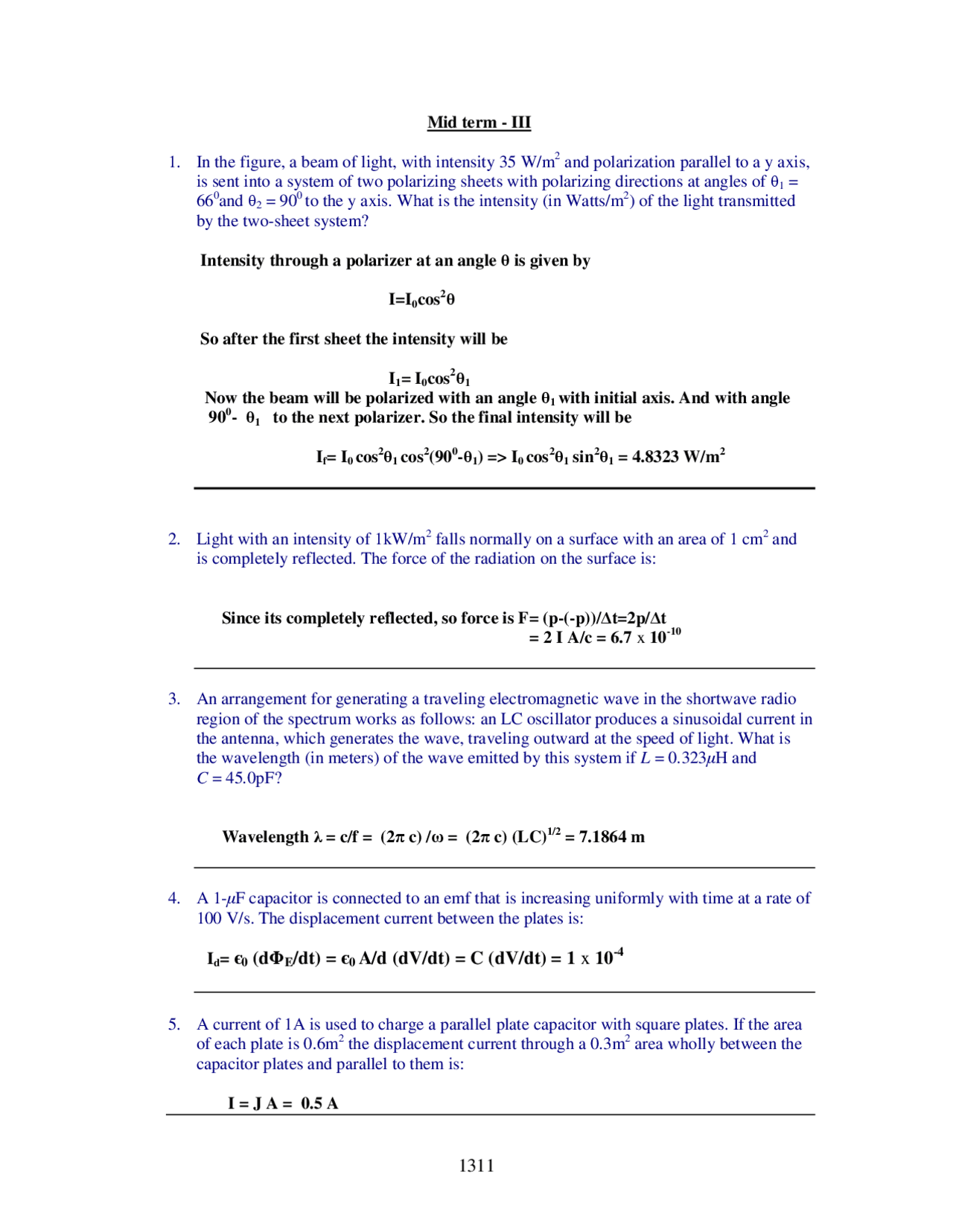 Midterm Exam Iii Questions With Solutions Calculus Ii Phy 2049