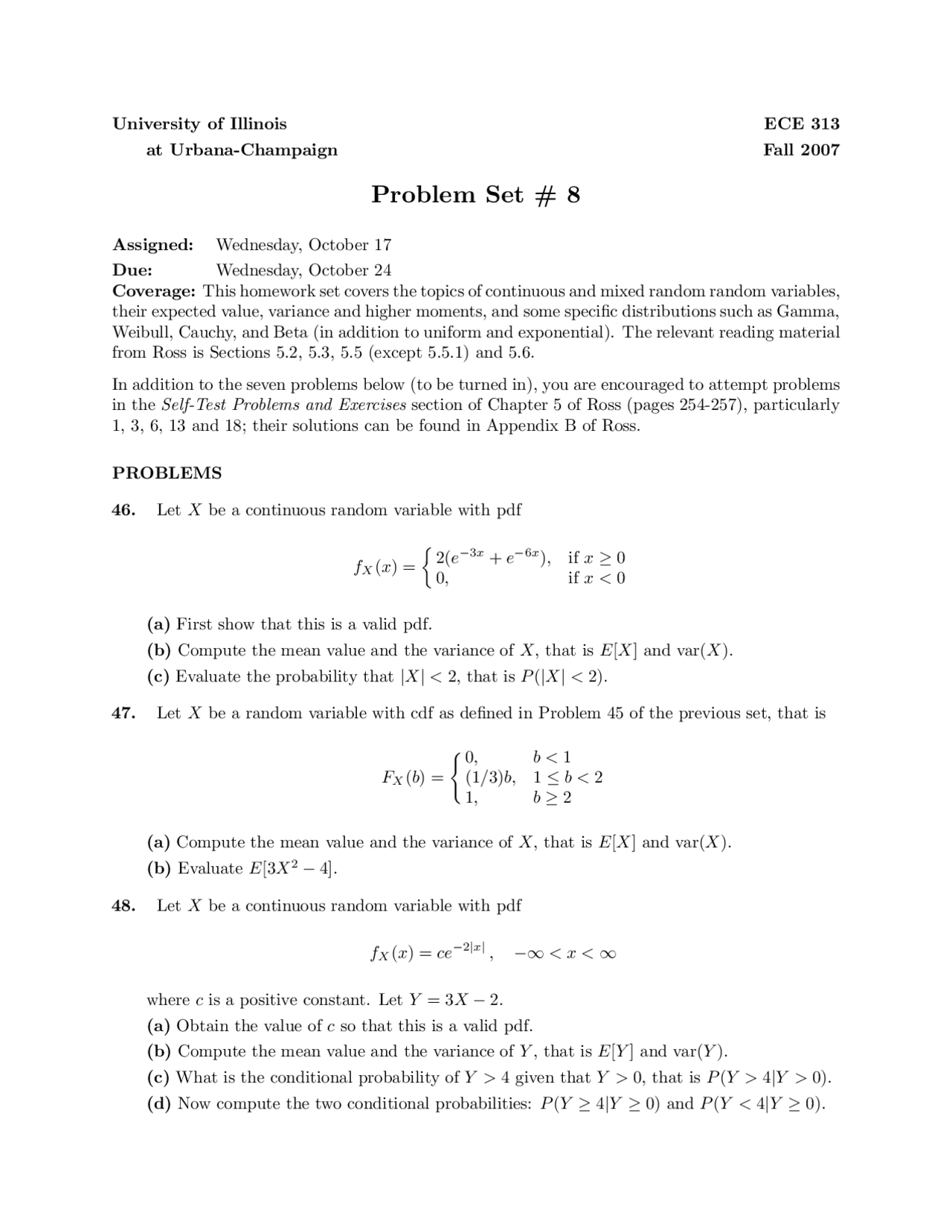 7 Problems On Continuous And Random Variables Homework 8 Ece 313