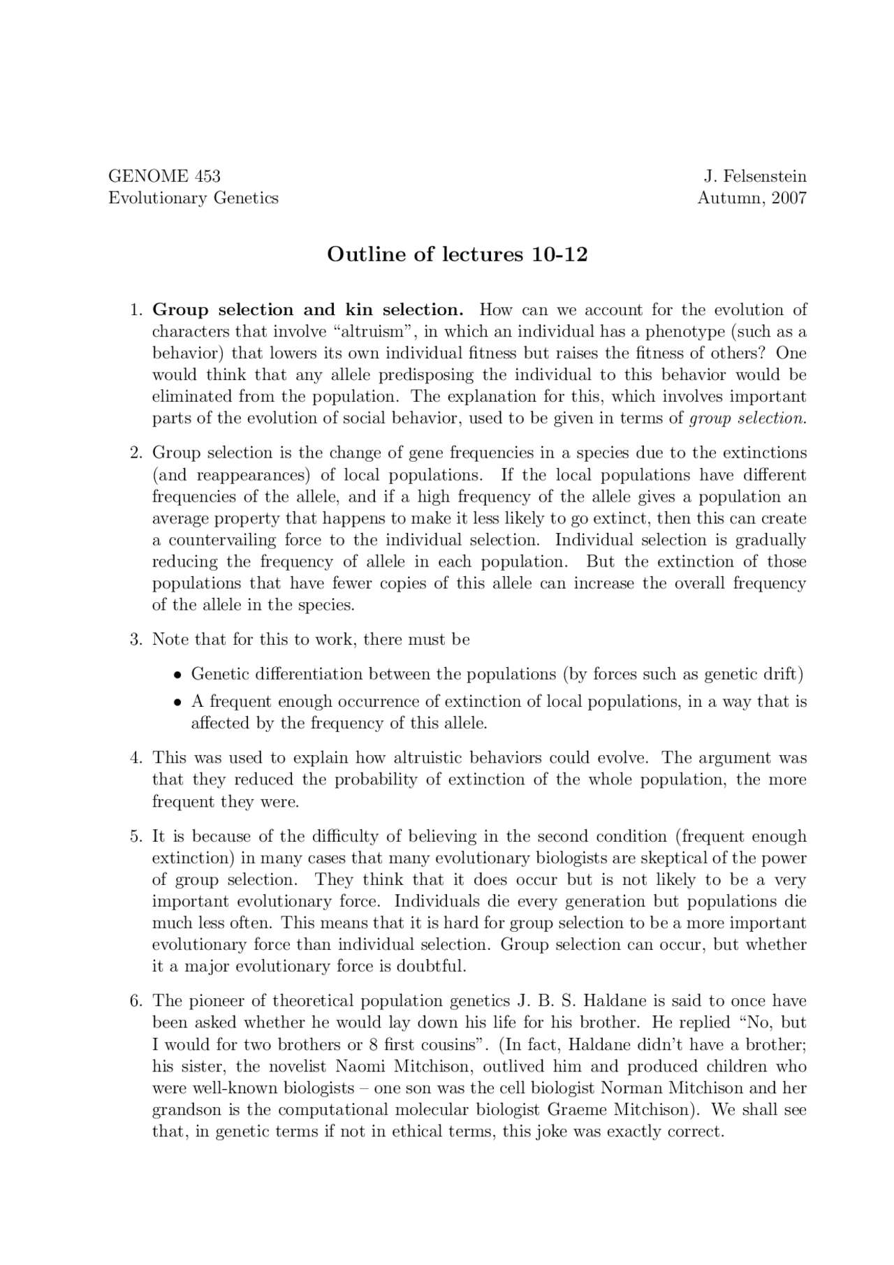 Notes on Group Selection and Kin Selection - Evolutionary Genetics ...