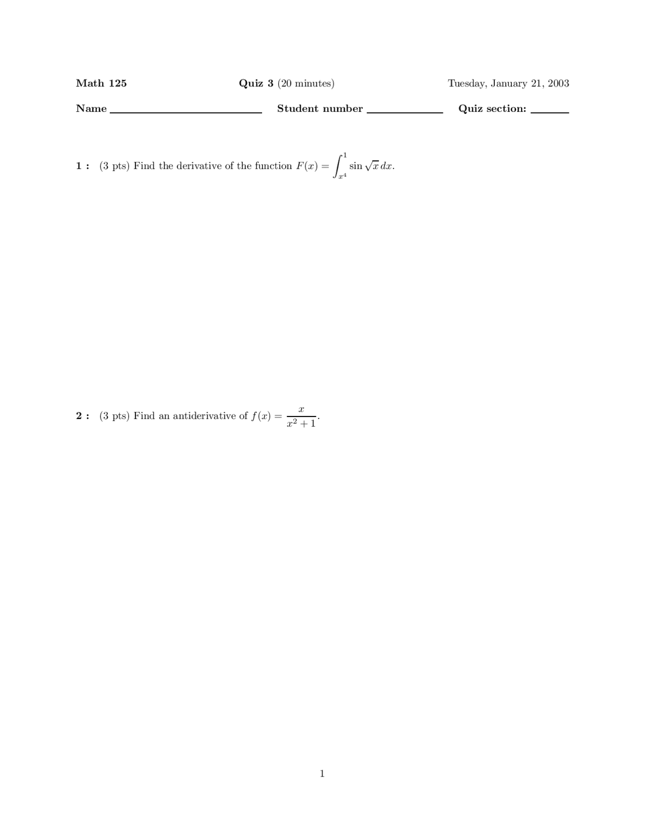 Function Derivation Quiz 3 Calculus Analytical Geometry Ii Math 125