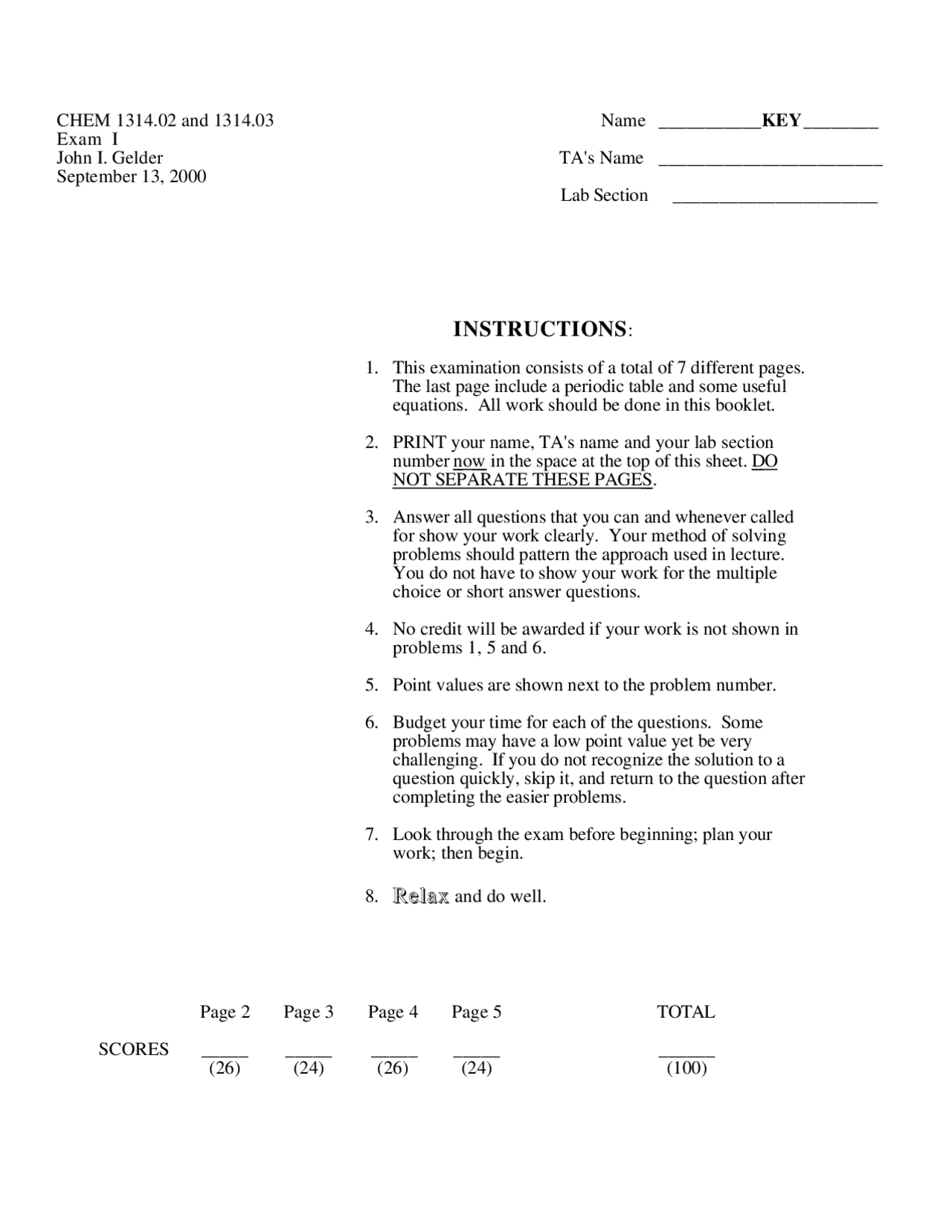Solved Questions For General Chemistry Exam One Chem 1314 Docsity