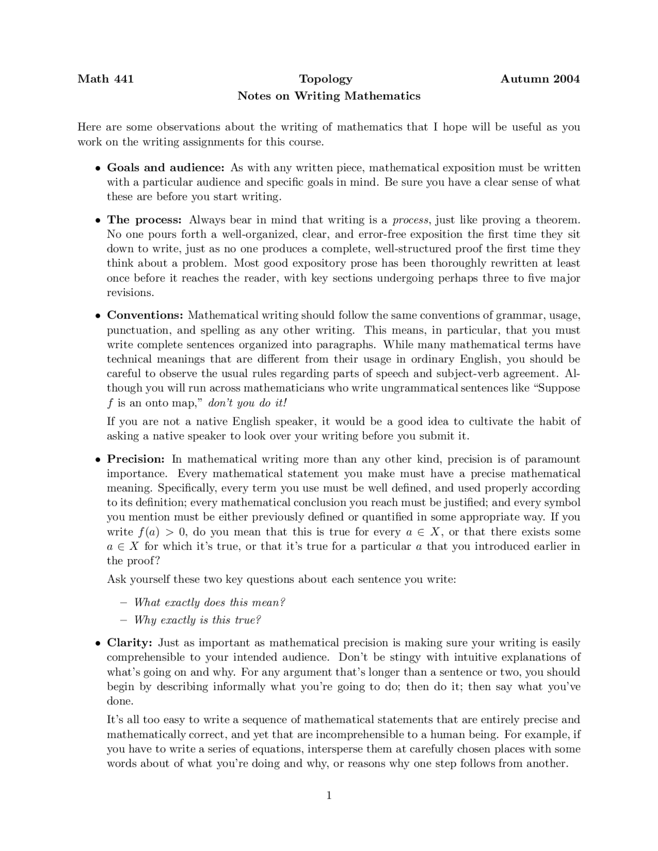 Notes On Writing Mathematics Topology Math 441 Docsity