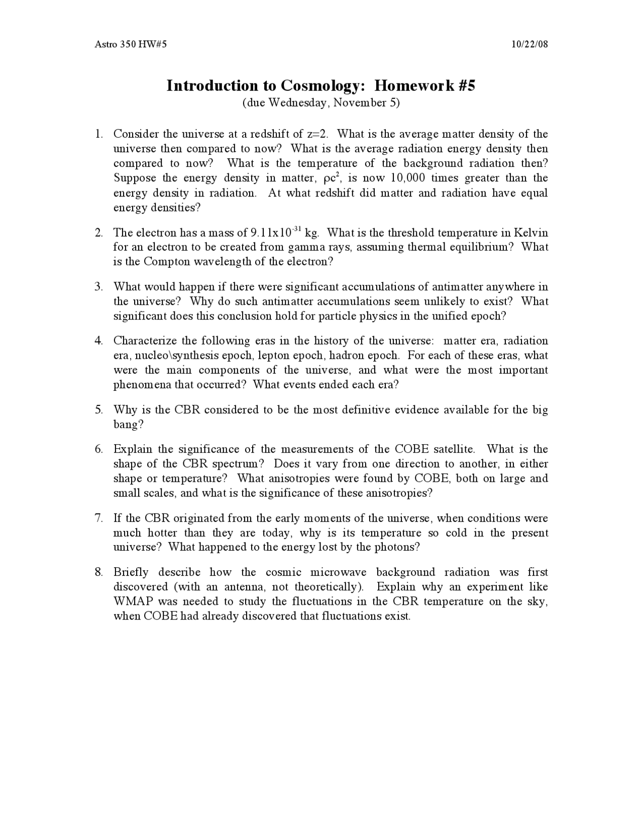 Homework Assignment 5 Introduction To Cosmology Astr 350 Docsity