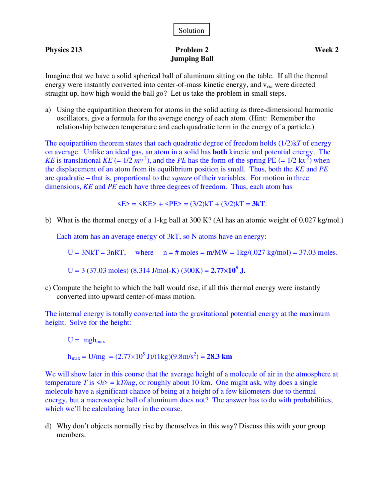 Equipartition Theorem Thermal Energy Assignment 2 Phys 213 Docsity