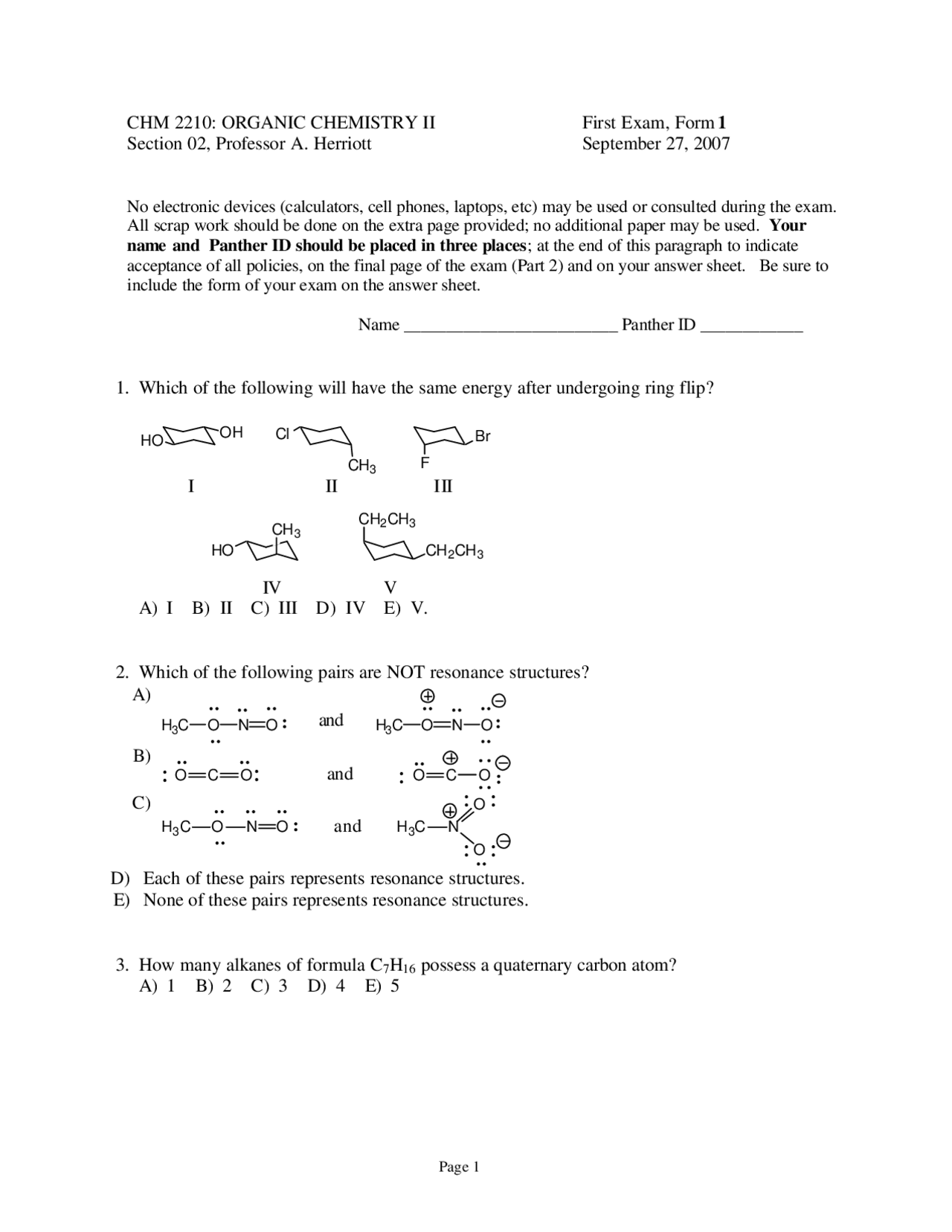 Organic Chemistry I - First Exam Questions | CHM 2210 - Docsity