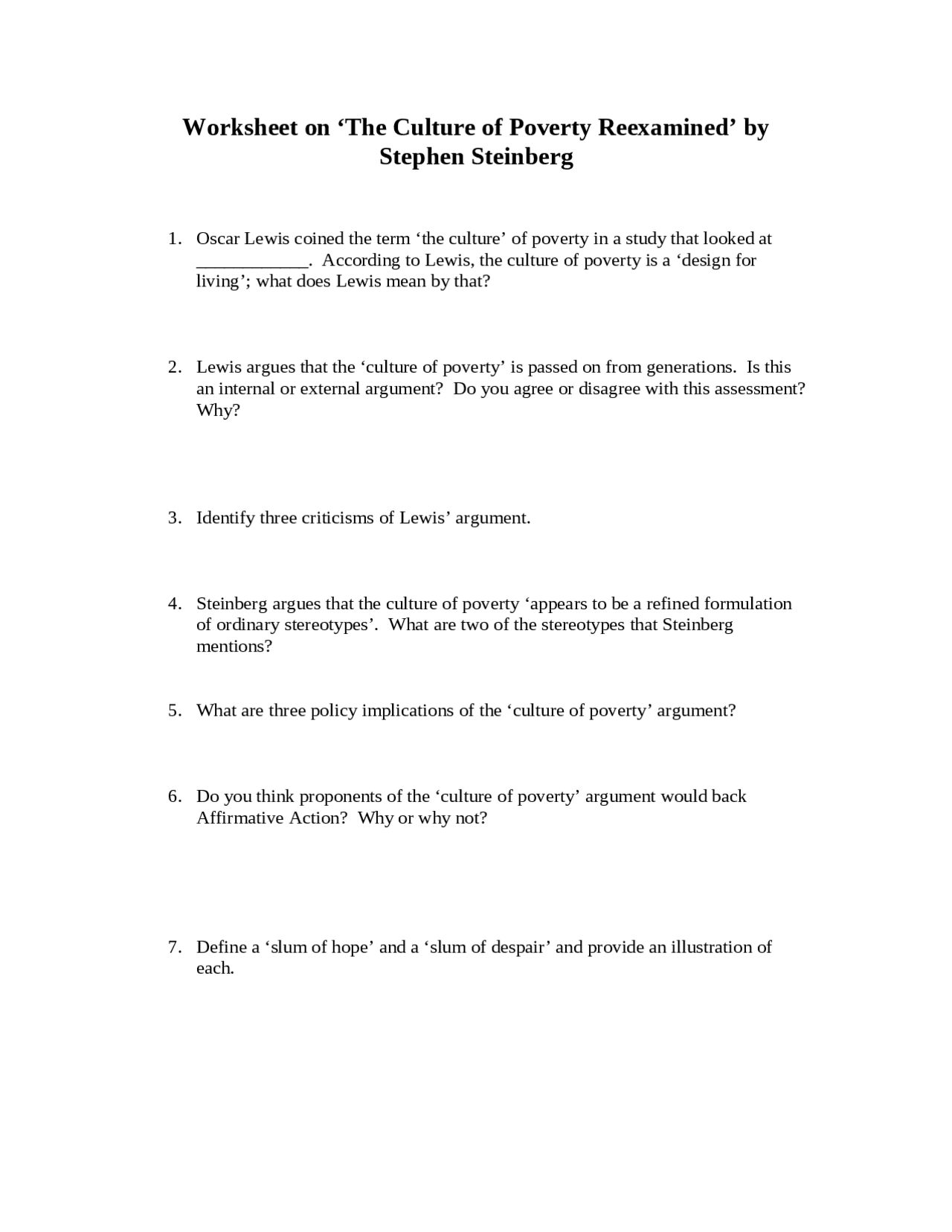 Worksheet On The Culture Of Poverty Reexamined Soc 270 Assignments
