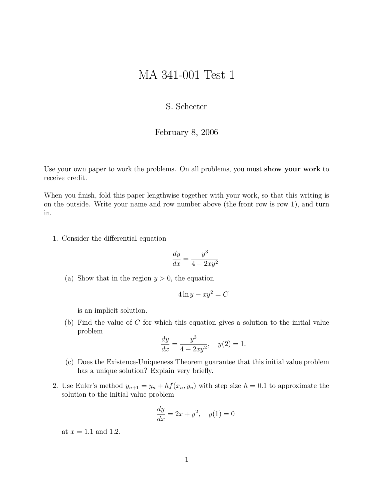 Differential Equation Applied Differential Equations I Test 1 Ma