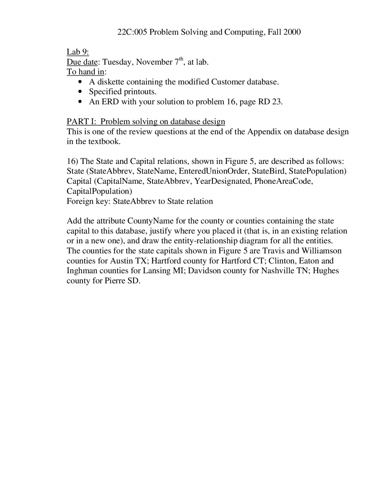 Problem Solving on Database Design - Lab 9 | 22C 005 - Docsity