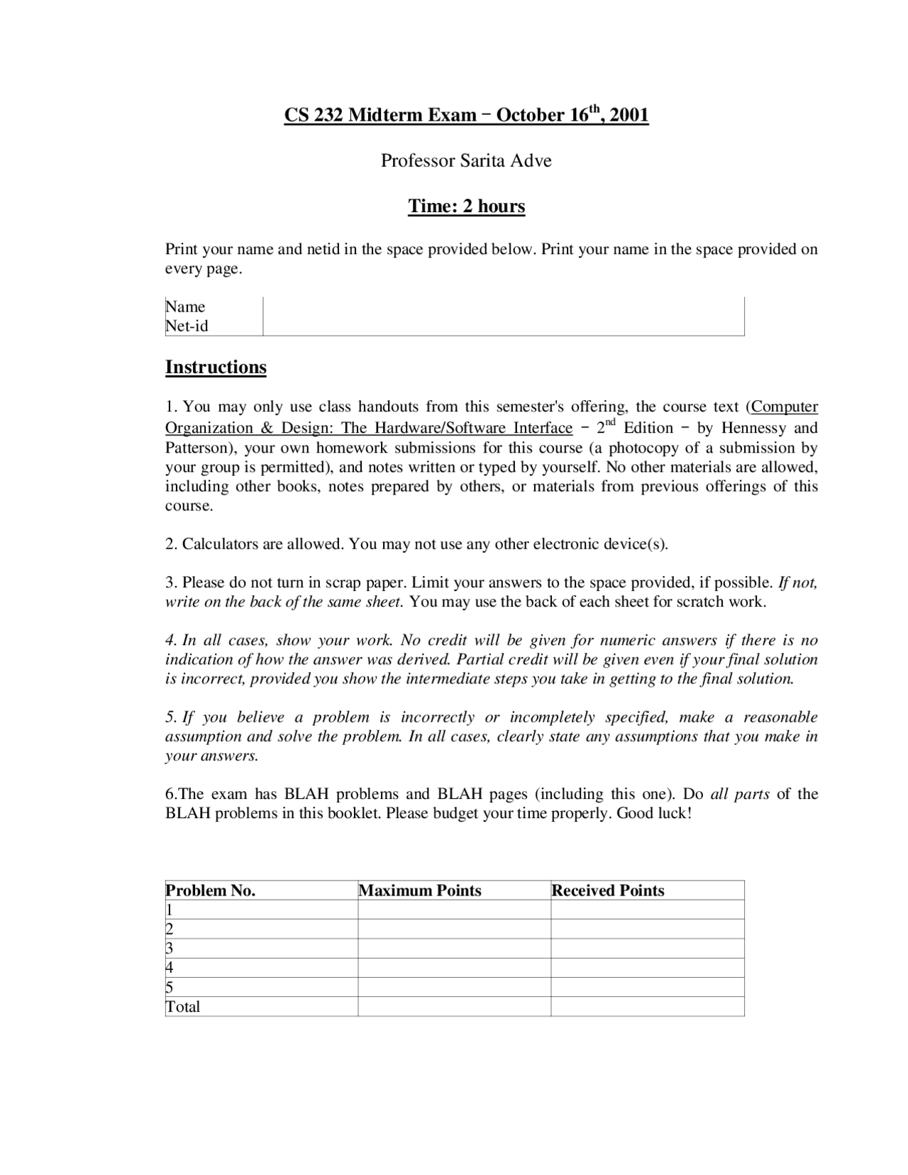 5 Solved Problems In Computer Architecture Ii Midterm Exam Cs 232 Docsity